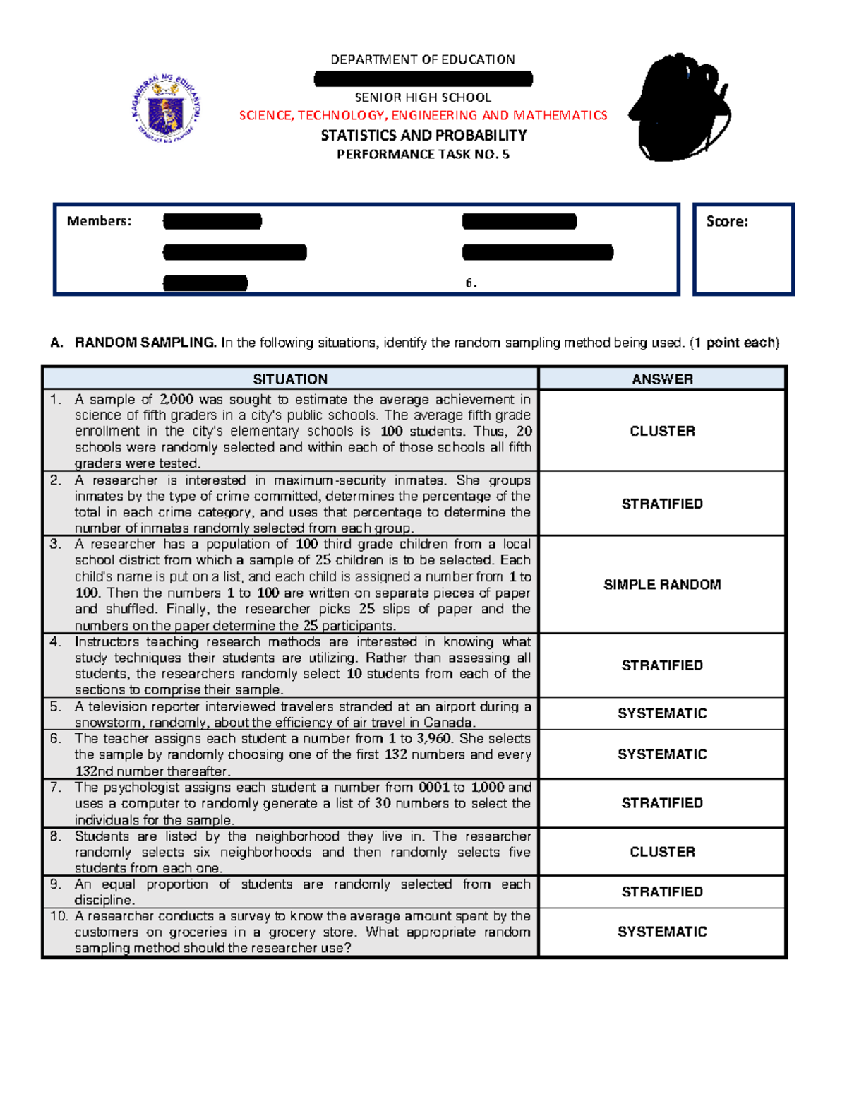 Performance-Task Statistics AND Probability - DEPARTMENT OF EDUCATION AGUSAN NATIONAL HIGH ...