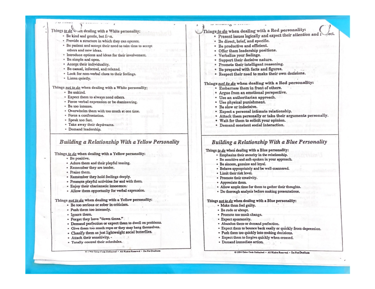 Hartman Personality Profile dos and donts - BUSM 4010 - Studocu