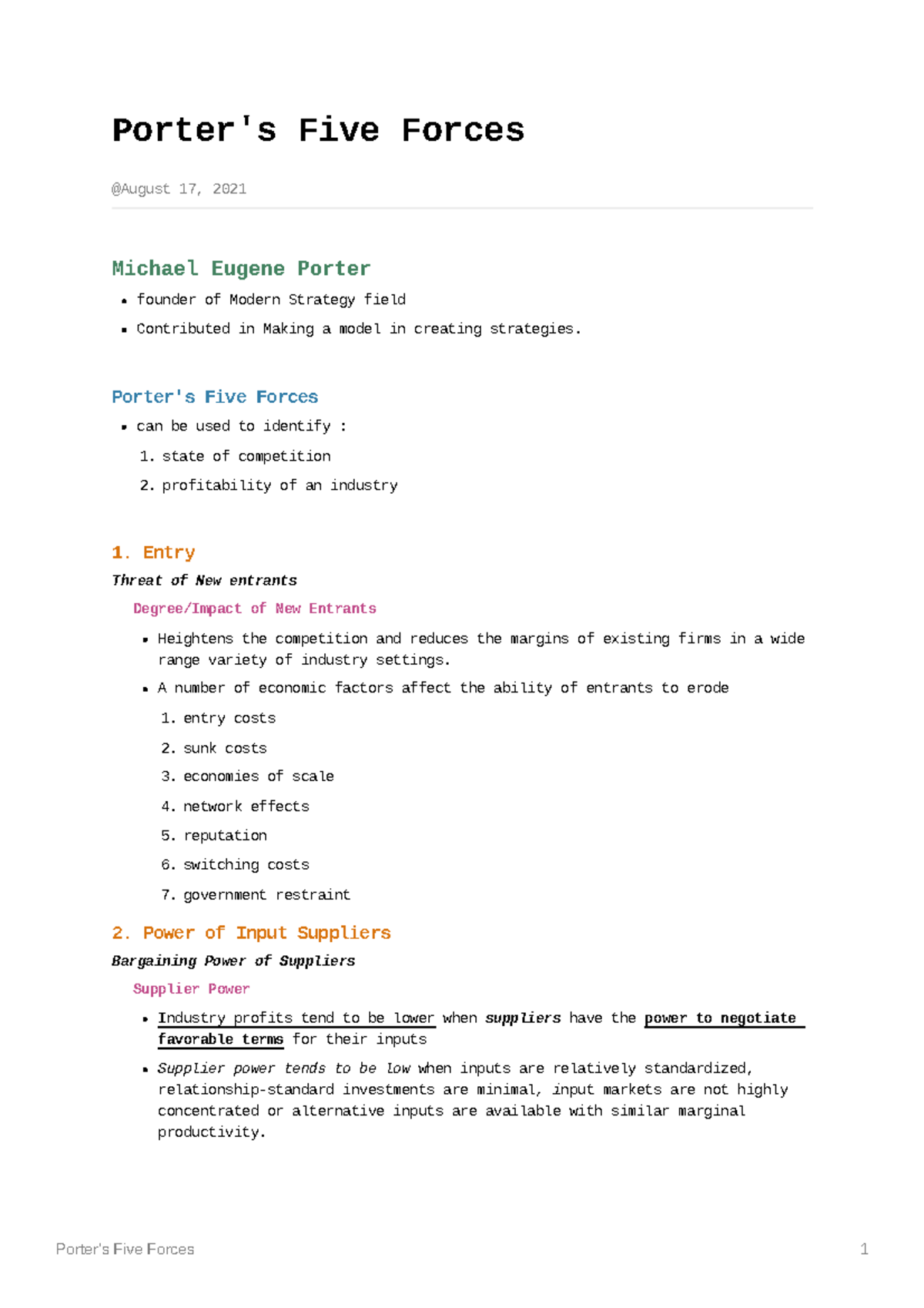 Porters Five Forces - class notes in Man Econ - Porter's Five Forces 1 ...