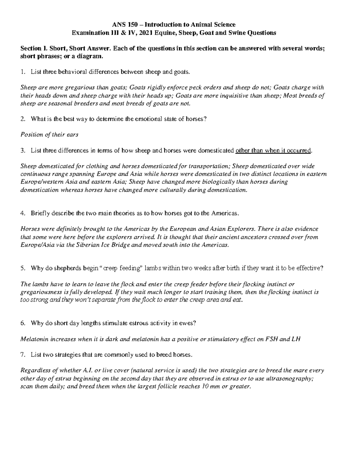 ANS150 E4 2021 Answer Key - ANS 150 – Introduction to Animal Science ...