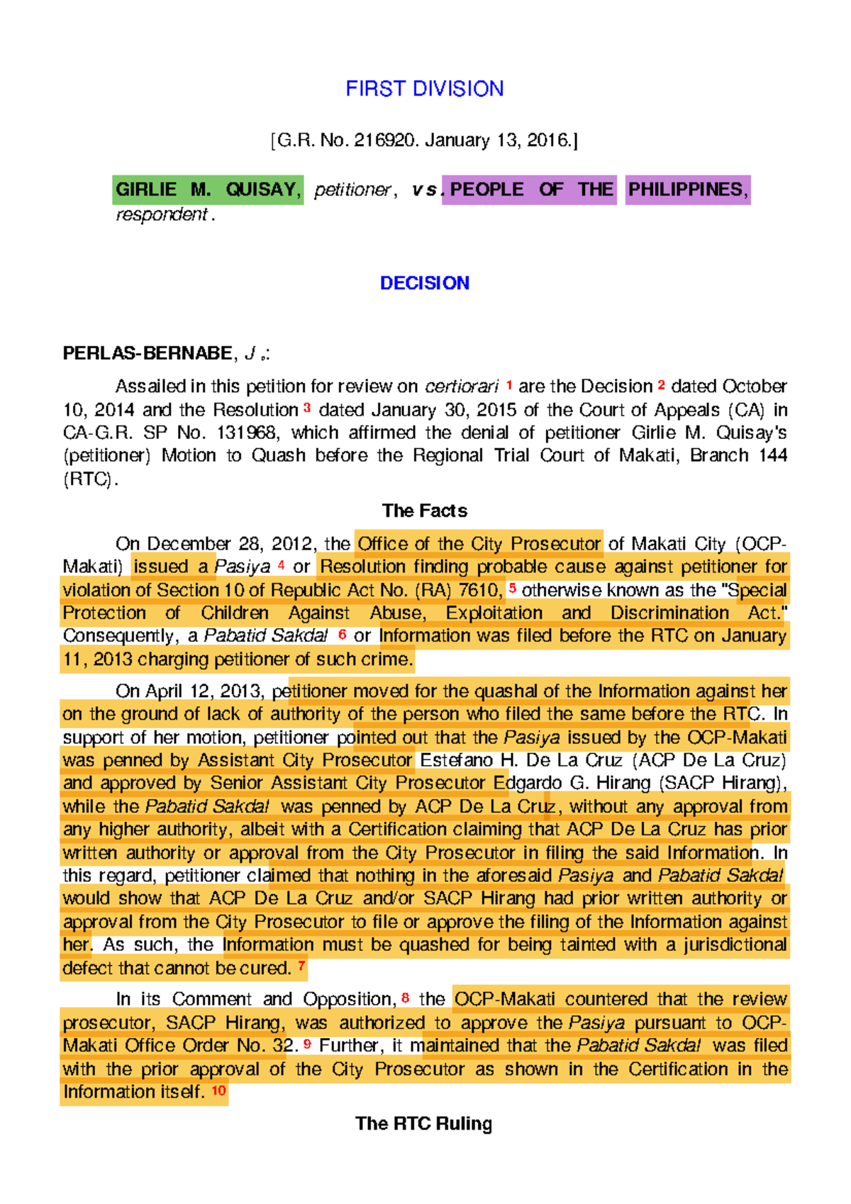 Quisay v. People - Digest - FIRST DIVISION [G. No. 216920. January 13 ...