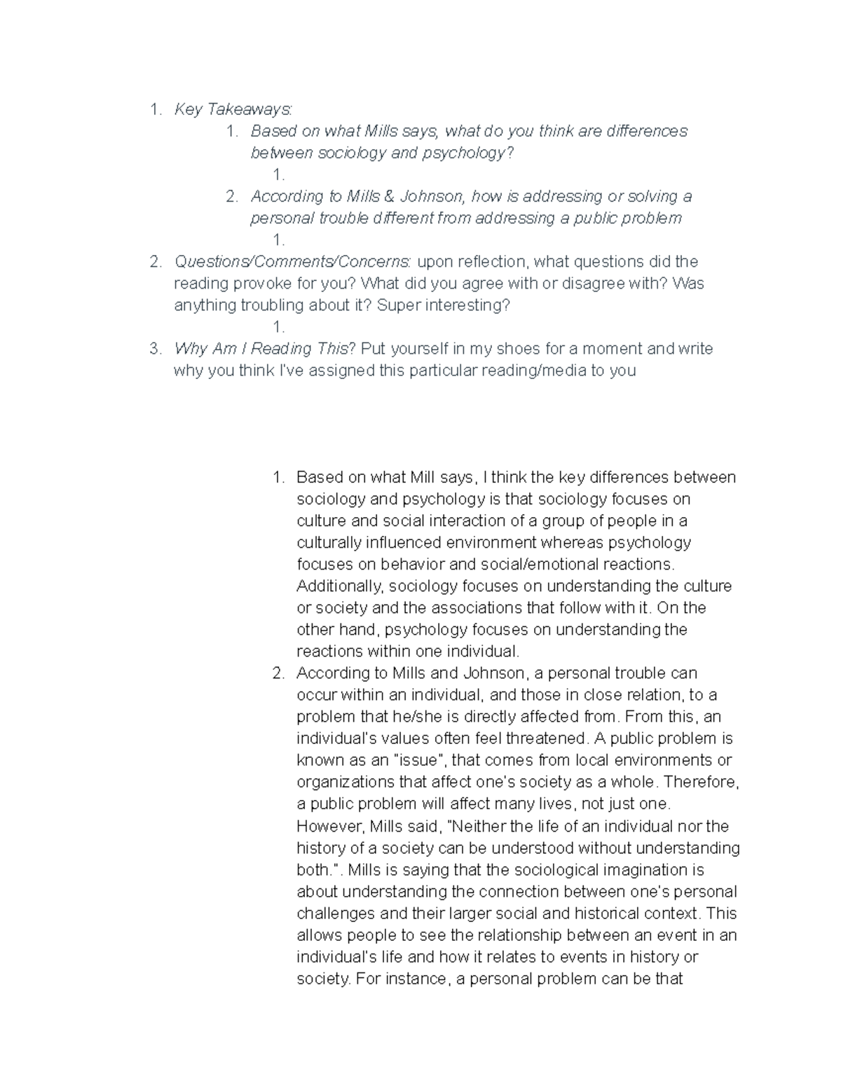 Reading Reflections - assignments - Key Takeaways: Based on what Mills ...