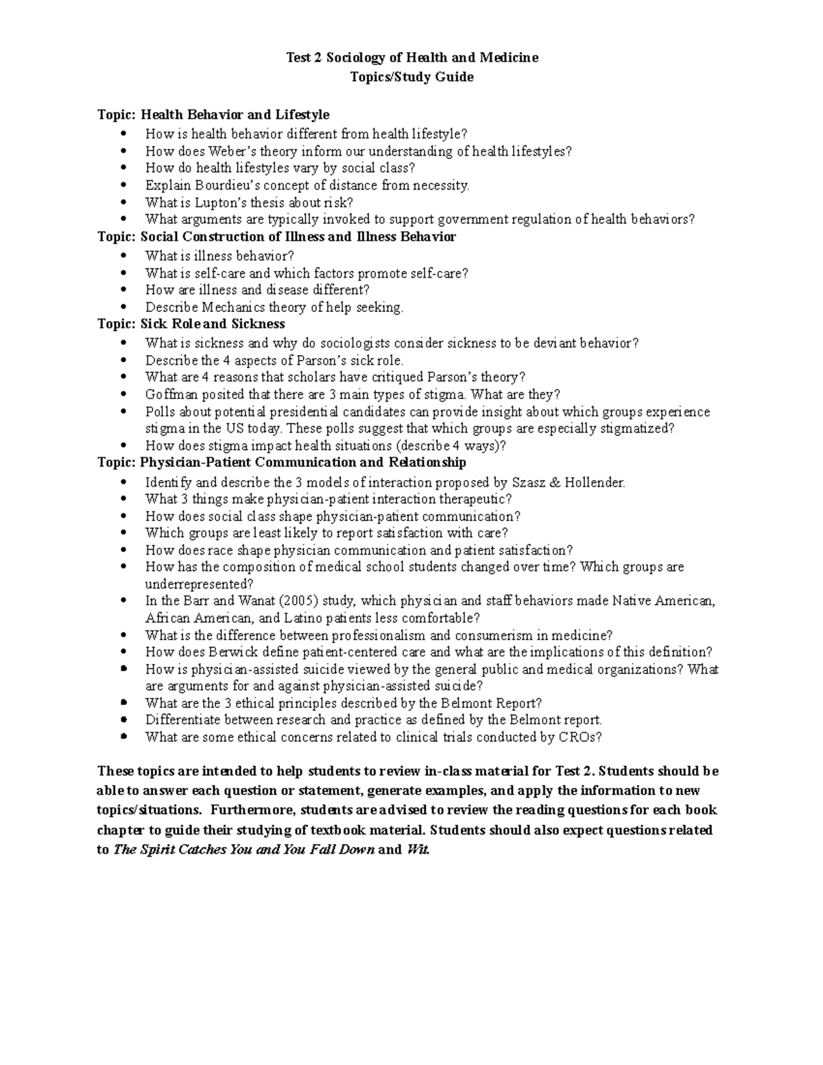 Study guide 2 - Test 2 Sociology of Health and Medicine Guide Topic ...