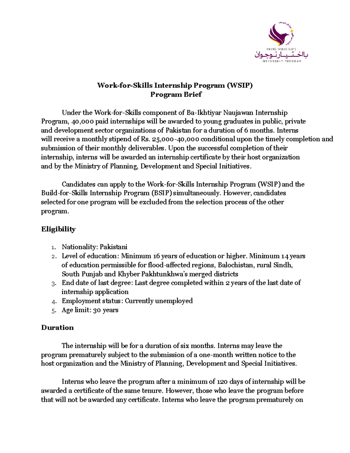 Work-for-Skills Internship Program Brief - Work-for-Skills Internship Program (WSIP) Program ...