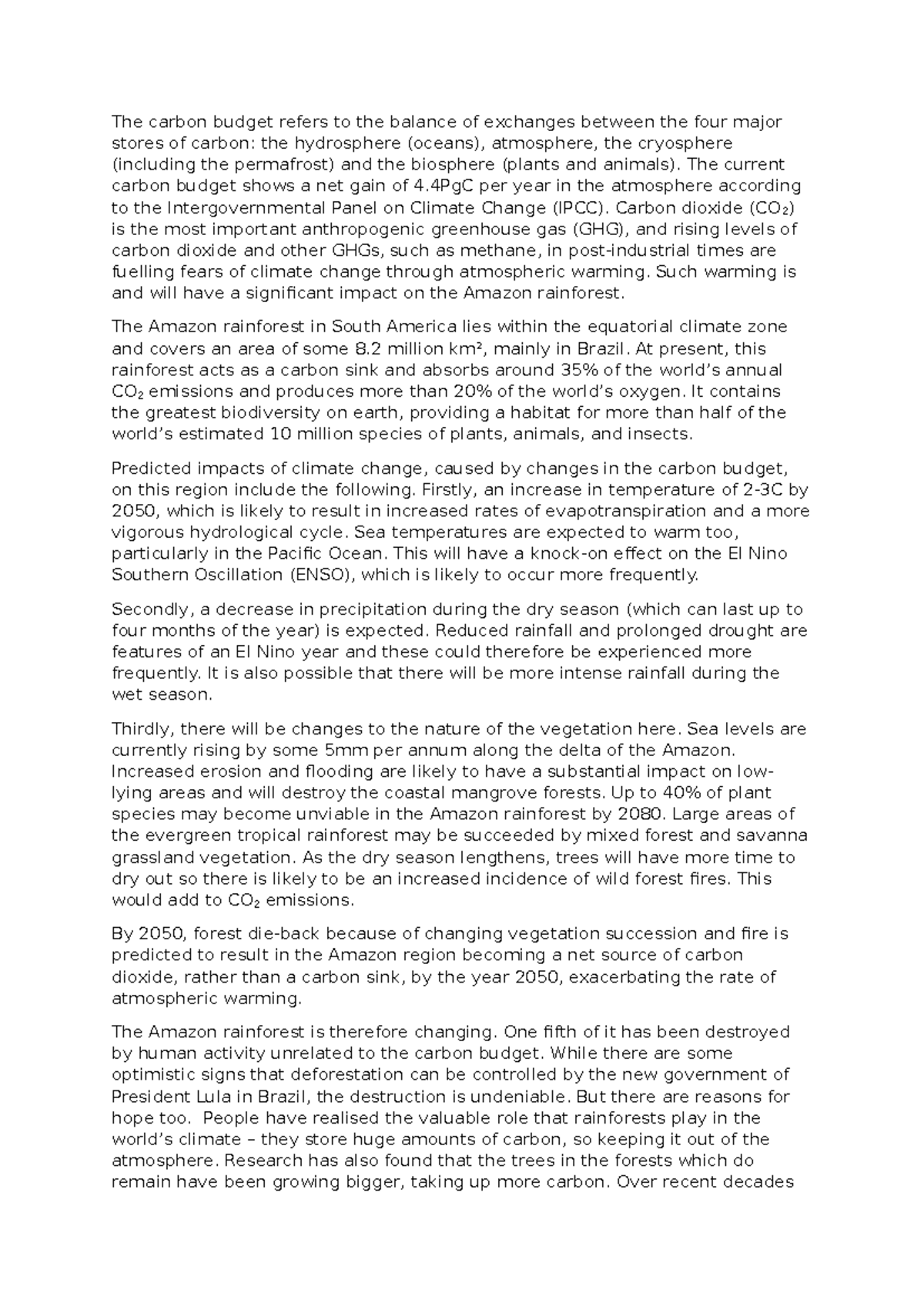 Exemplar answer - 20 marker Geo A level paper 1 - The carbon budget ...