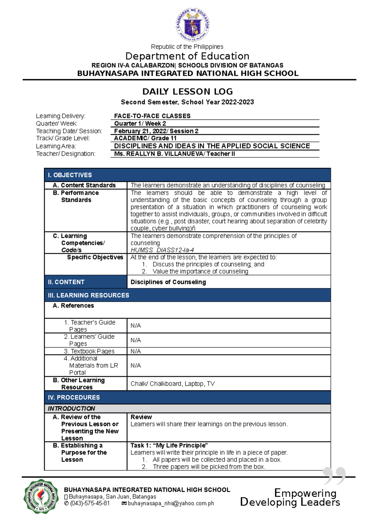 Week 2 - Session 2 - This document contains the daily lesson plan which ...