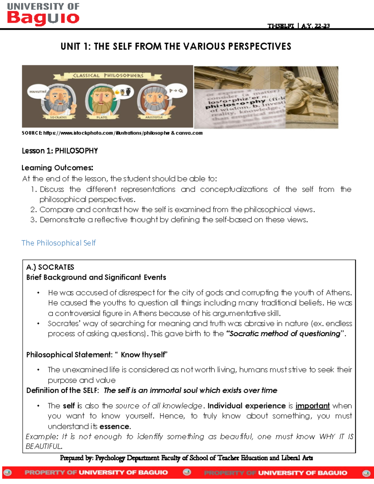 L1 Philosophy - jkcjbdkckblad - UNIT 1: THE SELF FROM THE VARIOUS ...