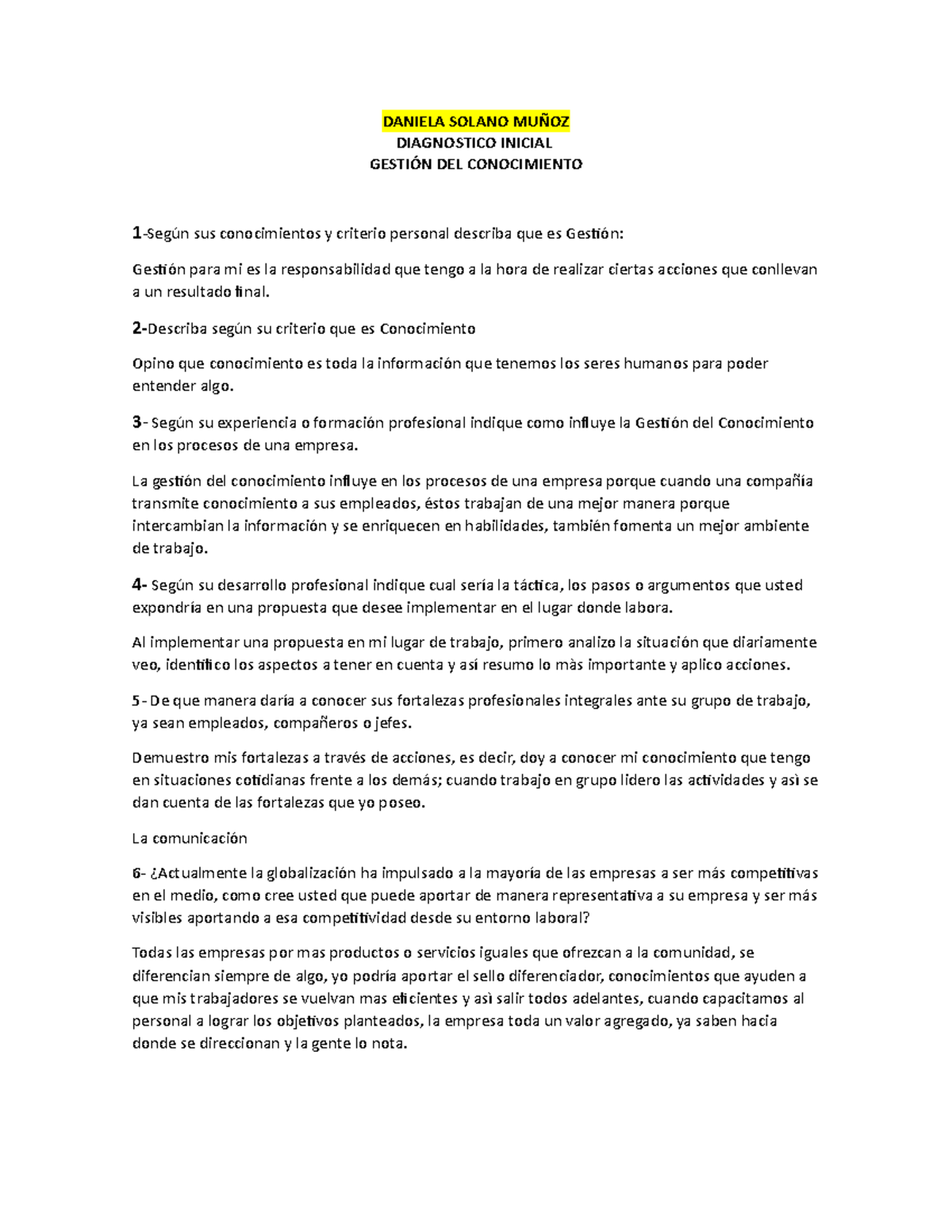 Diagnostico Inicial Gestión DEL Conocimiento - DANIELA SOLANO MUÑOZ ...
