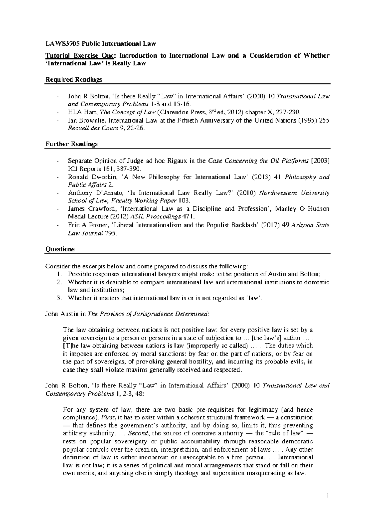Tutorial 1 - Questions and Readings - 1 LAWS 3705 Public International ...