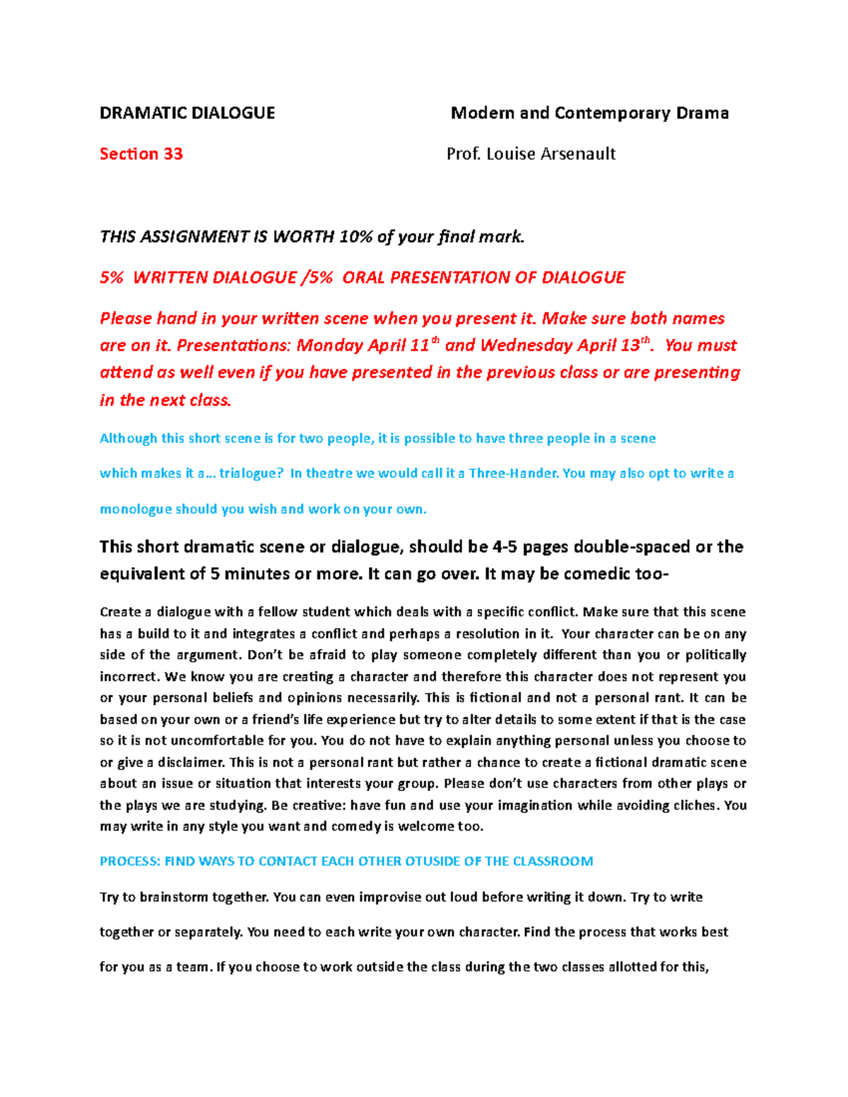 Dialogue Instructions SECT - DRAMATIC DIALOGUE Modern and Contemporary ...