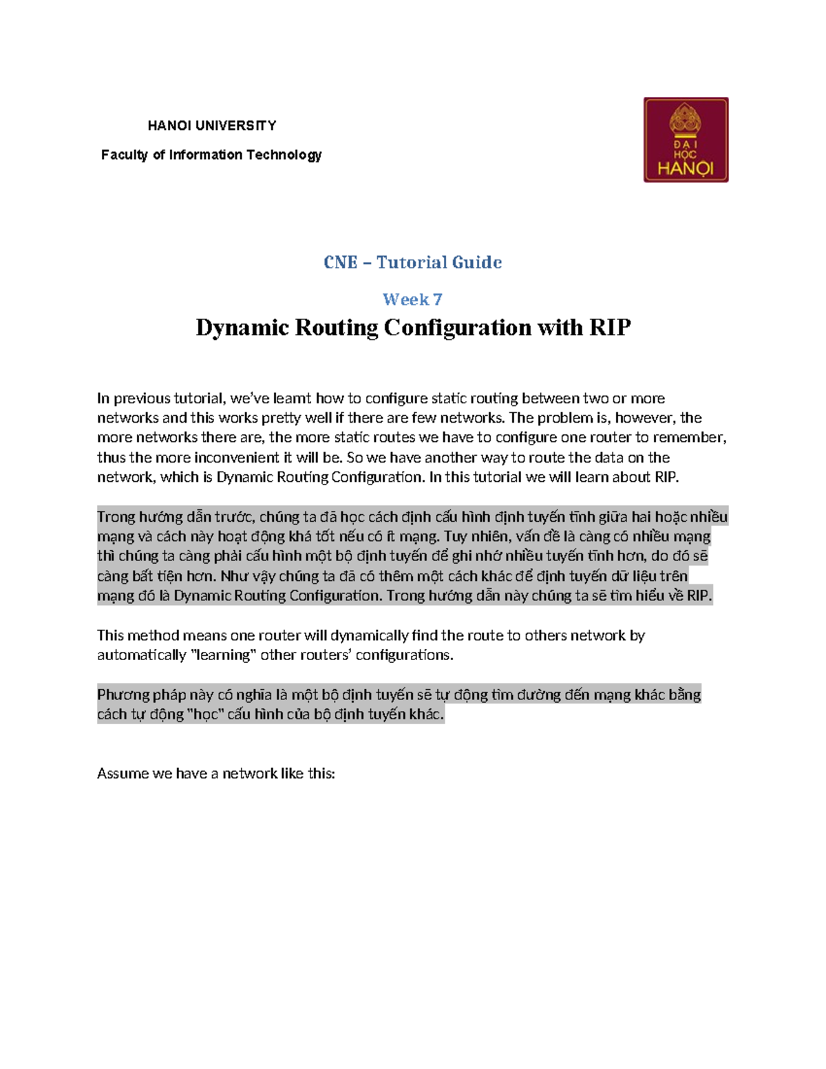 CNE tutorial 07 - Dynamic Routing Configuration with RIP - HANOI UNIVERSITY Faculty of ...