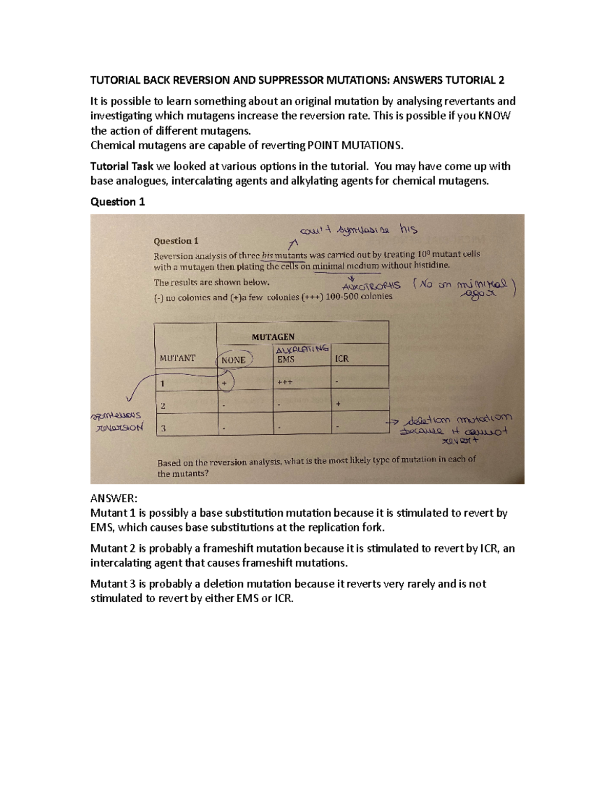 TUTORIAL BACK REVERSION AND SUPPRESSOR MUTATIONS: ANSWERS - This is ...