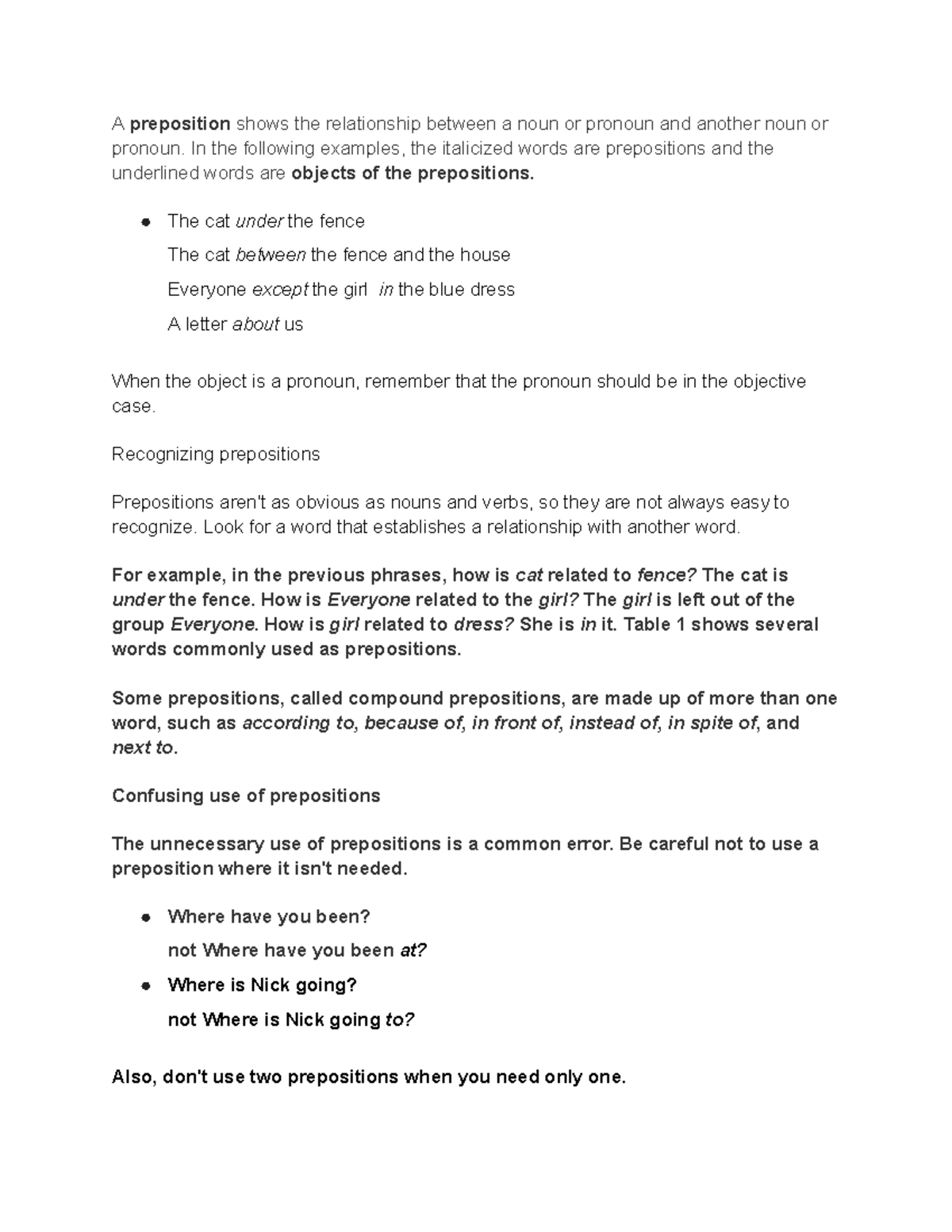 Prepositions - English notes - A preposition shows the relationship ...