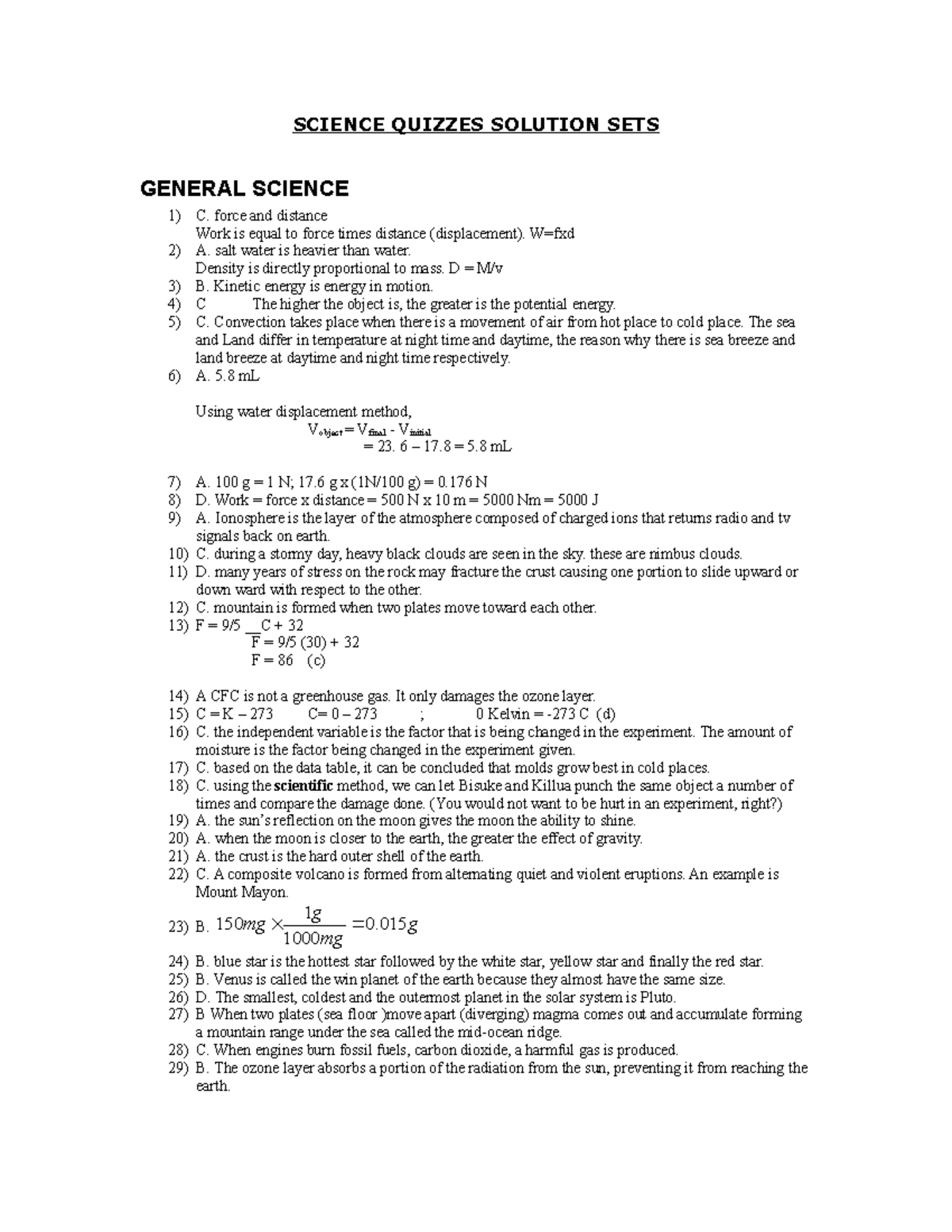 Solution Set for Science Quizzes - SCIENCE QUIZZES SOLUTION SETS ...