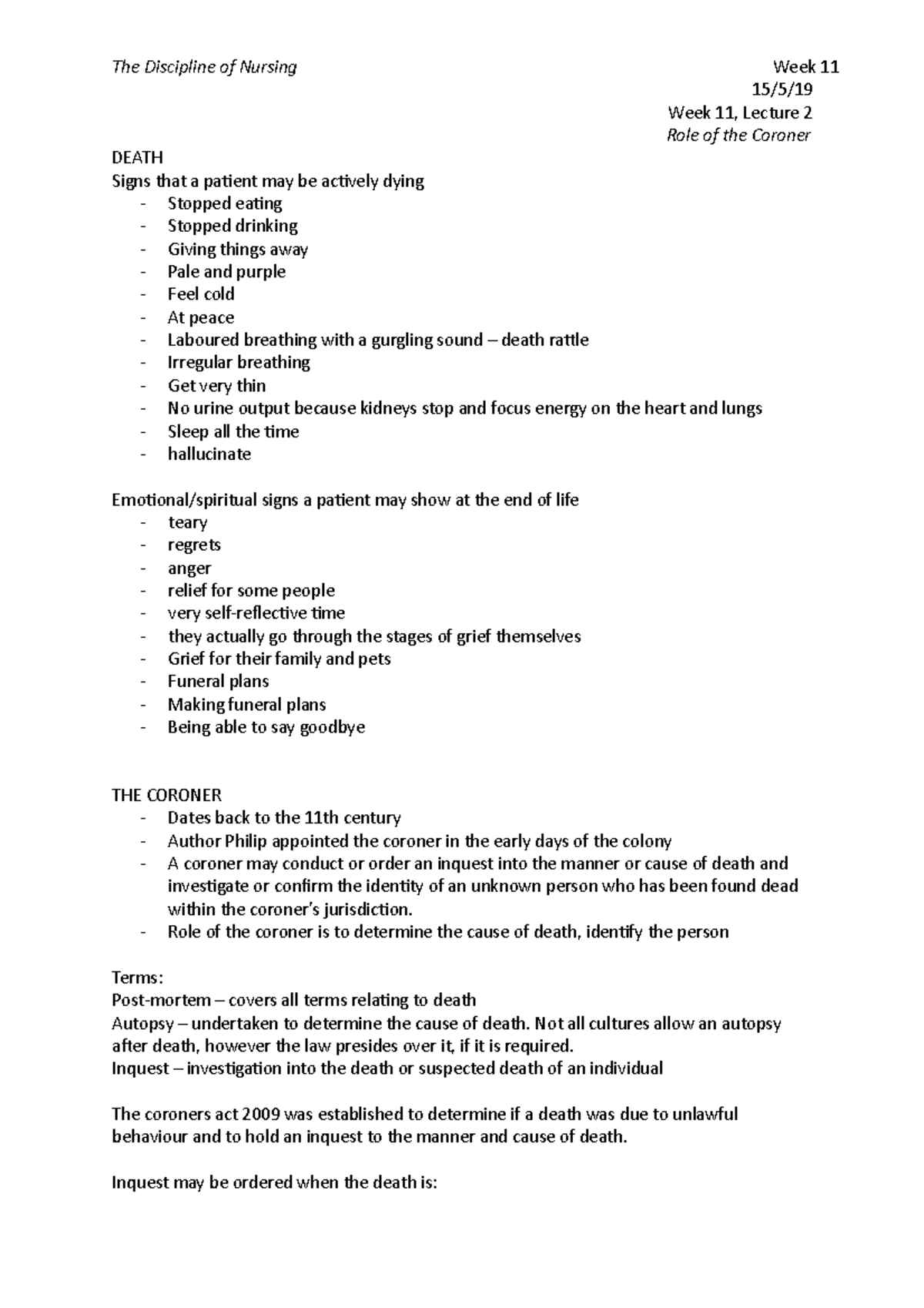 Week 11, Lecture 2 - 15/5/ Week 11, Lecture 2 Role of the Coroner DEATH ...