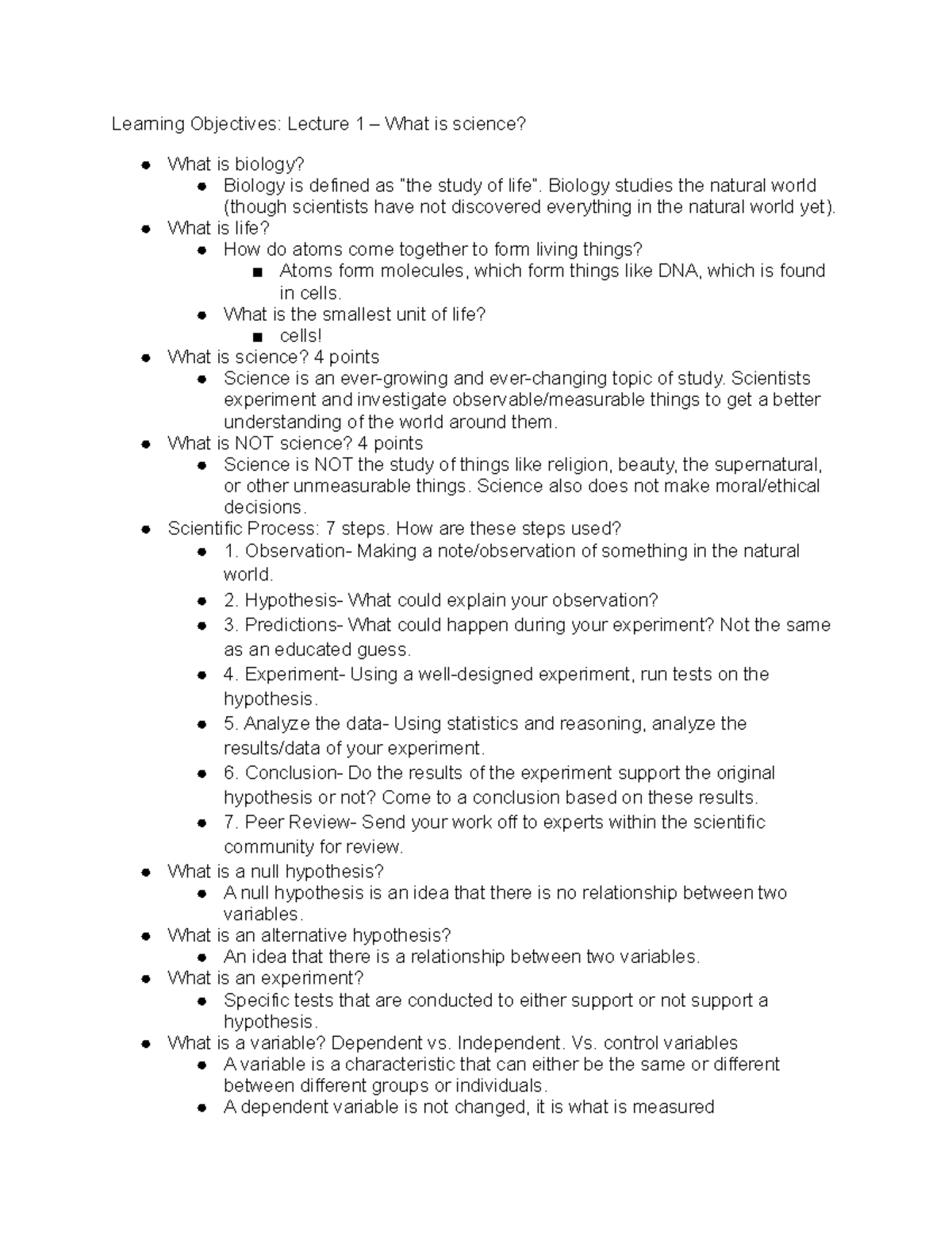 Biology exam study guide - Learning Objectives: Lecture 1 – What is ...