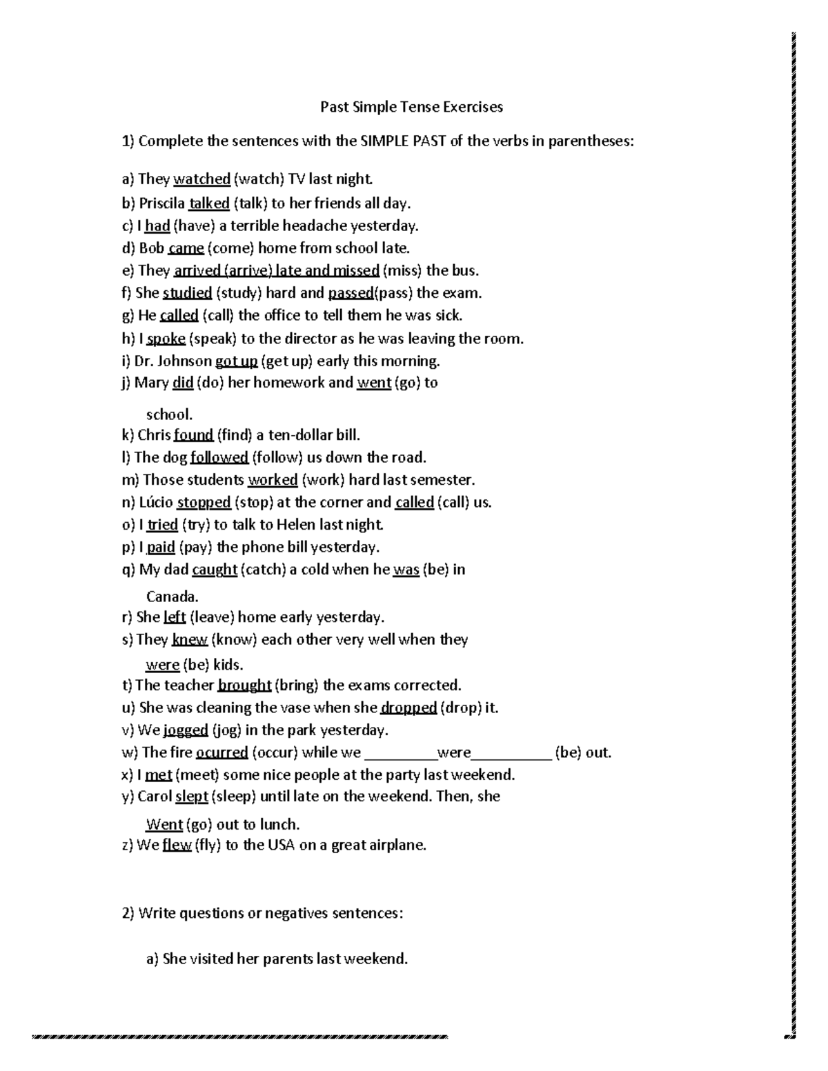 Past-simple-tense-exercises - Past Simple Tense Exercises Complete the ...