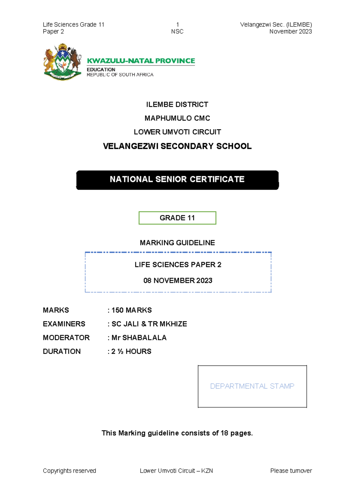 Life Sciences P1 (November) Grade 11 VEL-SEC 2023-1 - Paper 2 NSC ...
