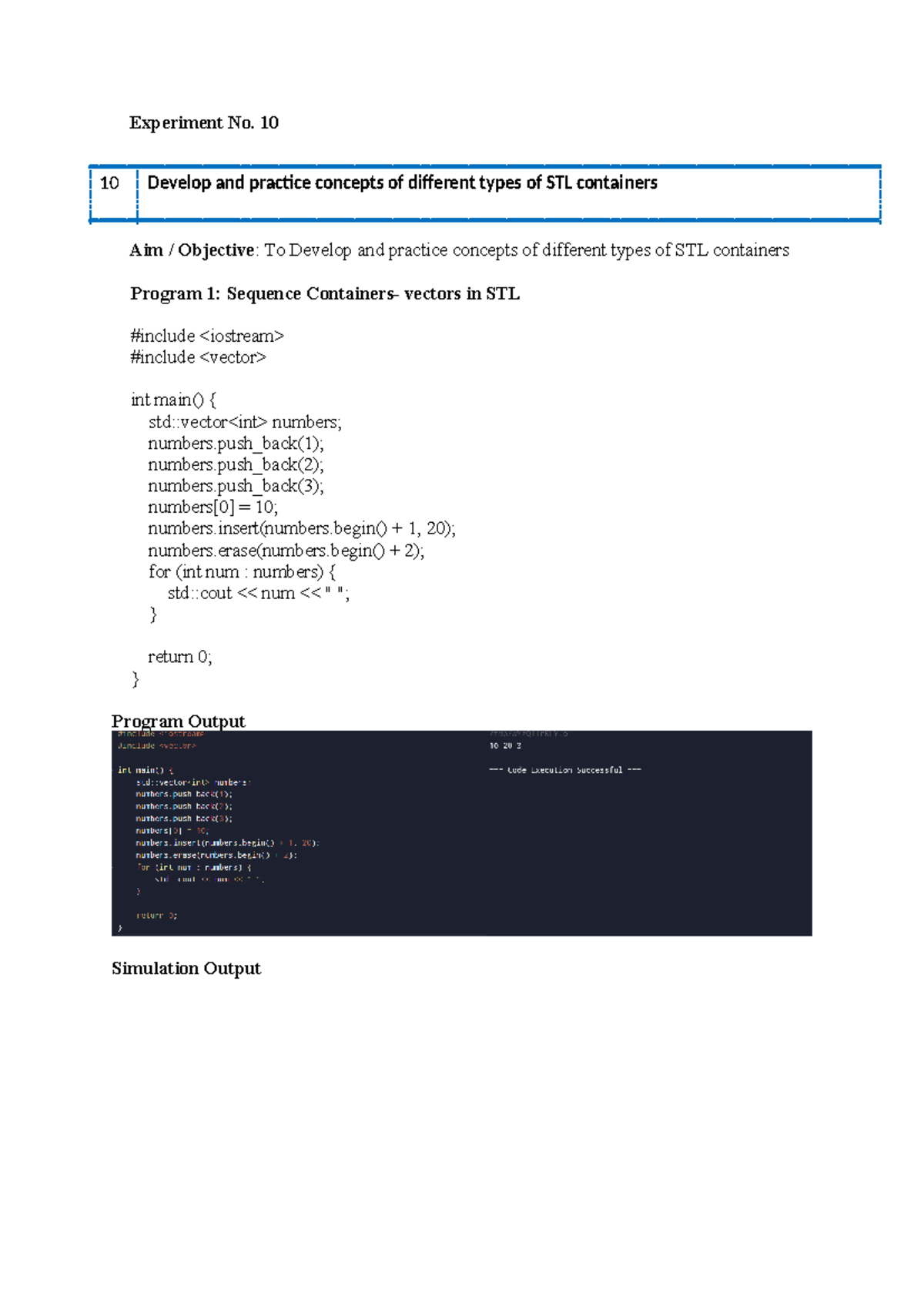 Lab Report format-expt10 - Experiment No. 10 Aim / Objective: To Develop and practice concepts ...