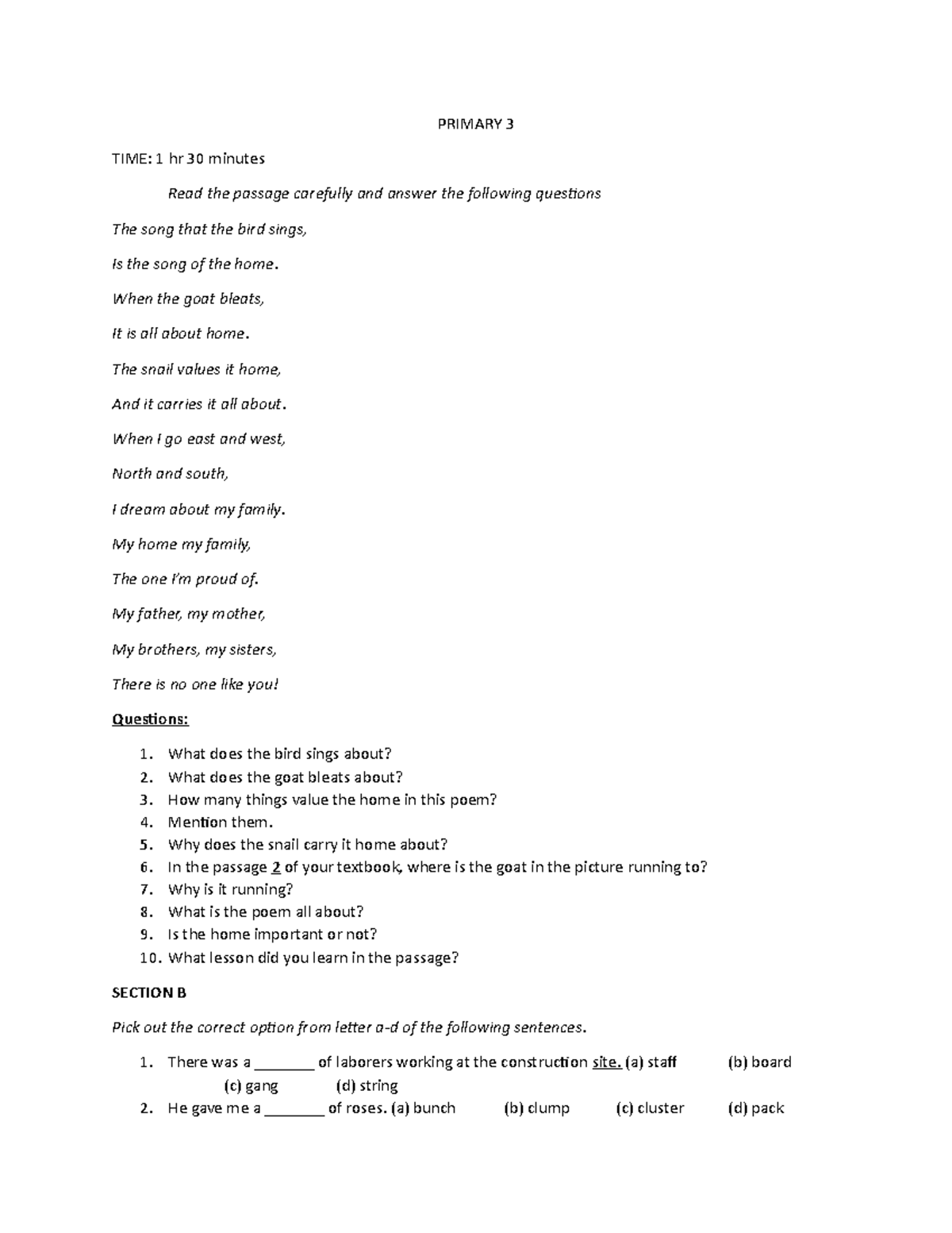 English Questons FOR Primary 3-5 033850 - PRIMARY 3 TIME: 1 hr 30 ...