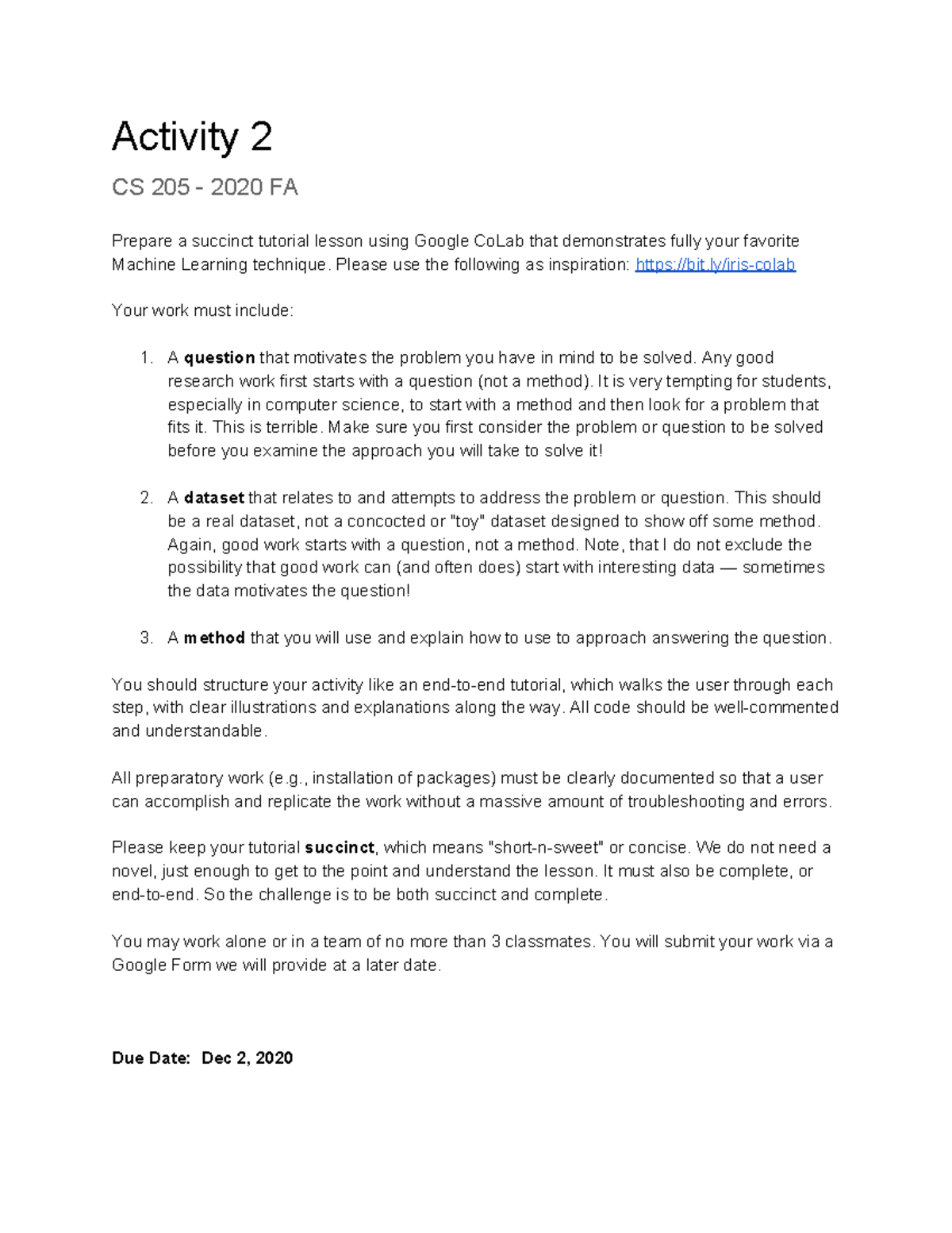 Machine Learning Project - Activity 2 CS 205 - 2020 FA Prepare a ...