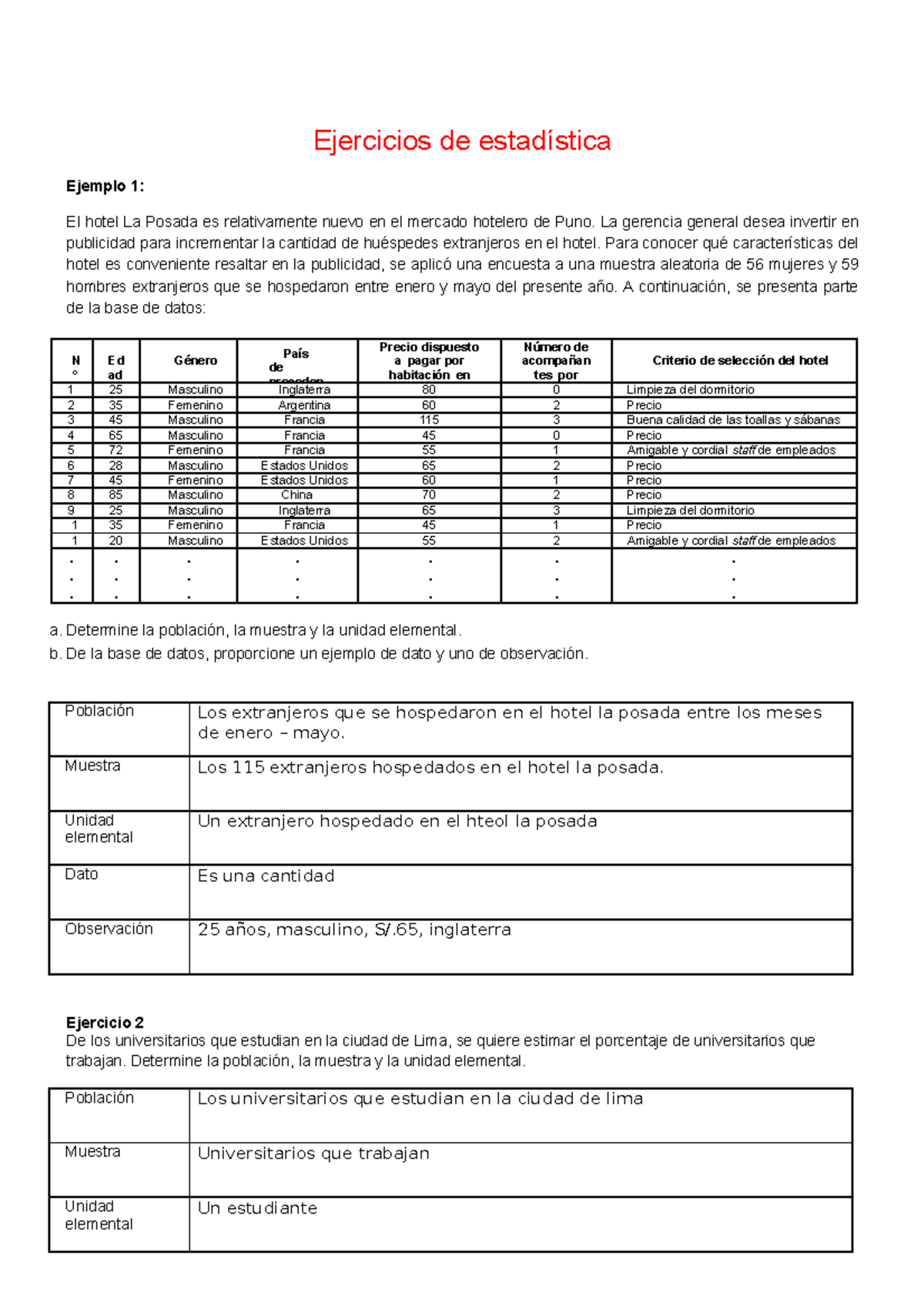 333112050 Ejercicios de estadi stica Mat 1 - Ejercicios de estadística Ejemplo 1: El hotel La ...