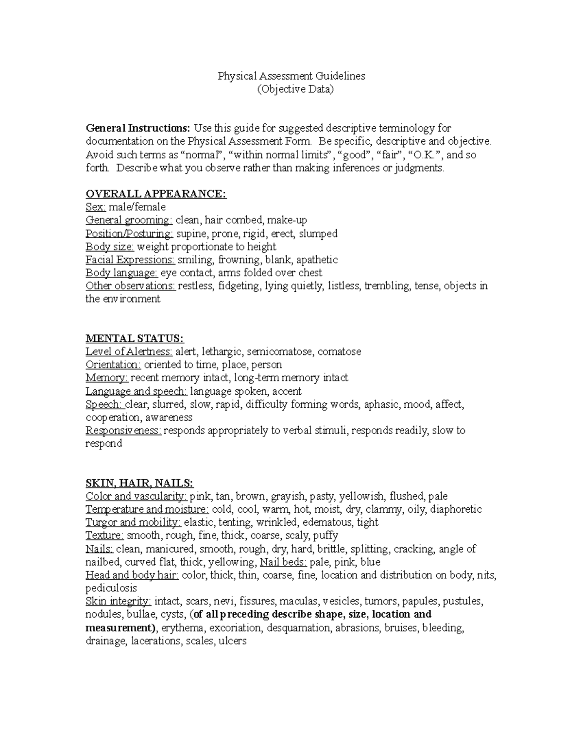 Physical Assessment Guidelines - Studocu