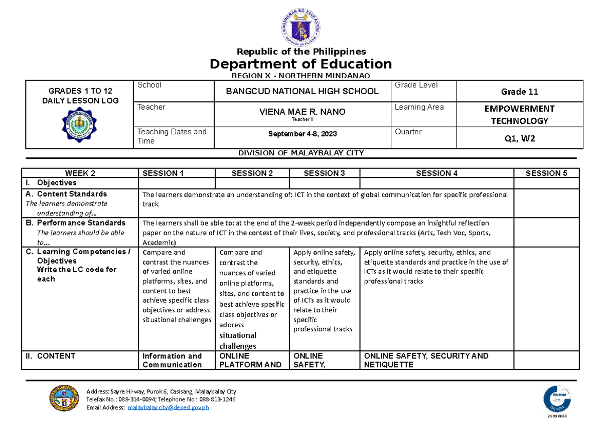 week 2 daily lesson log - Republic of the Philippines Department of ...