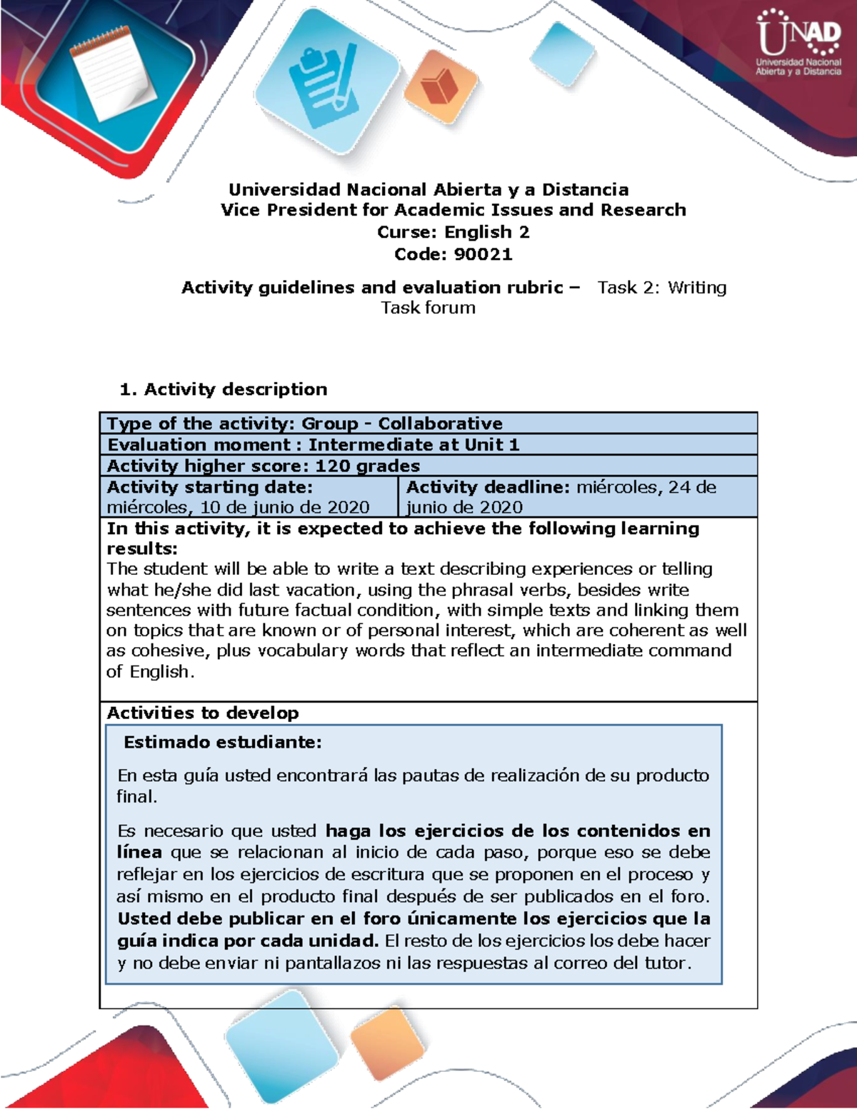 Activities guide and evaluation rubric - Unit 1 - Task 2 - Writing ...