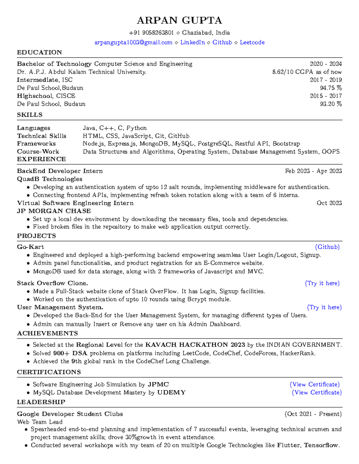 Arpan Gupta Resume - ARPAN GUPTA +91 9058263801 ⋄ Ghaziabad, India arpangupta1003@gmail ⋄ ...