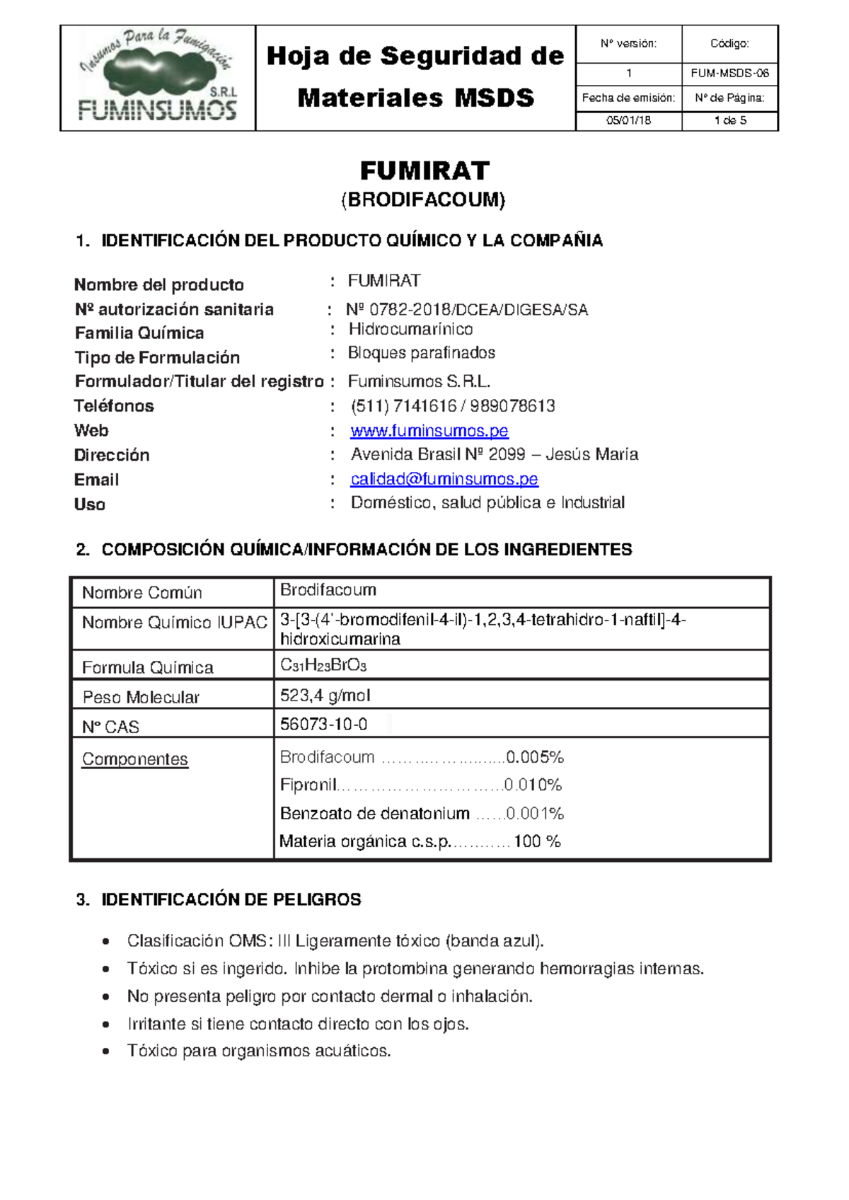 MSDS Fumirat - Hoja de seguridad - Hoja de Seguridad de Materiales MSDS ...