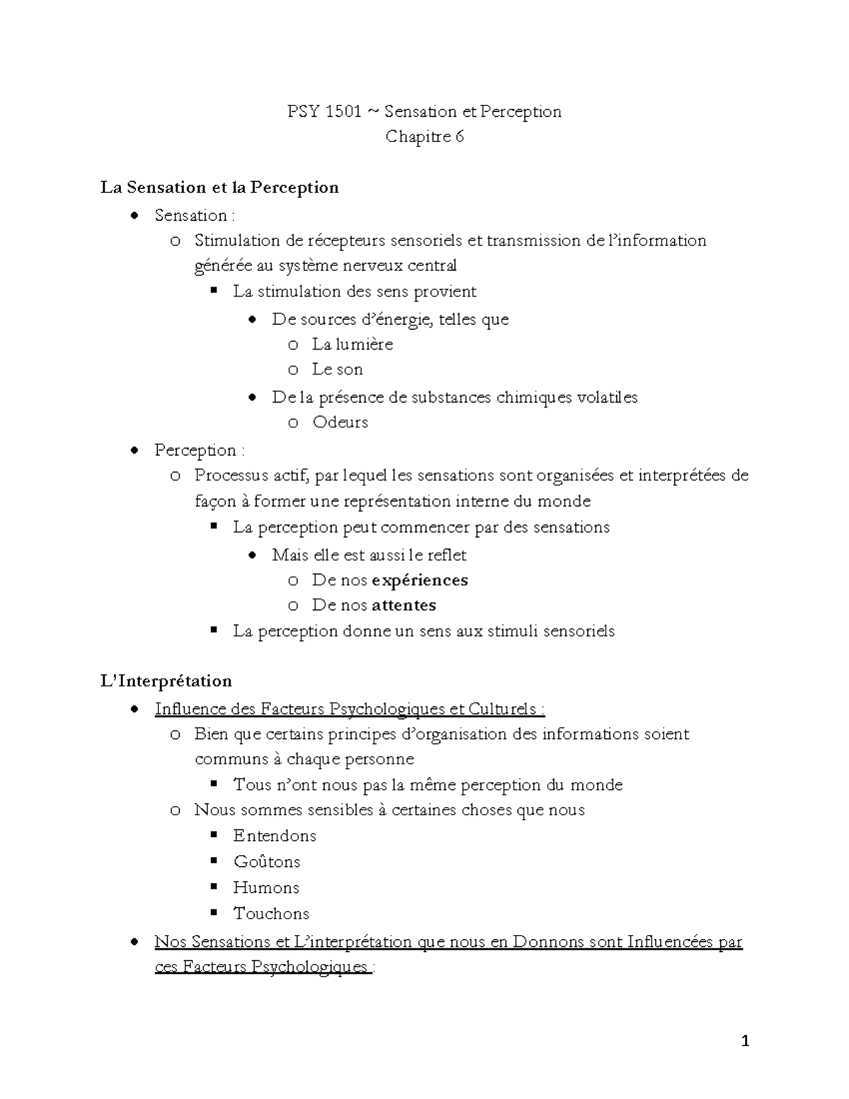 Chapitre 6 - Prof: Christophe Fortin Winter 2019 - PSY 1501 ~ Sensation ...