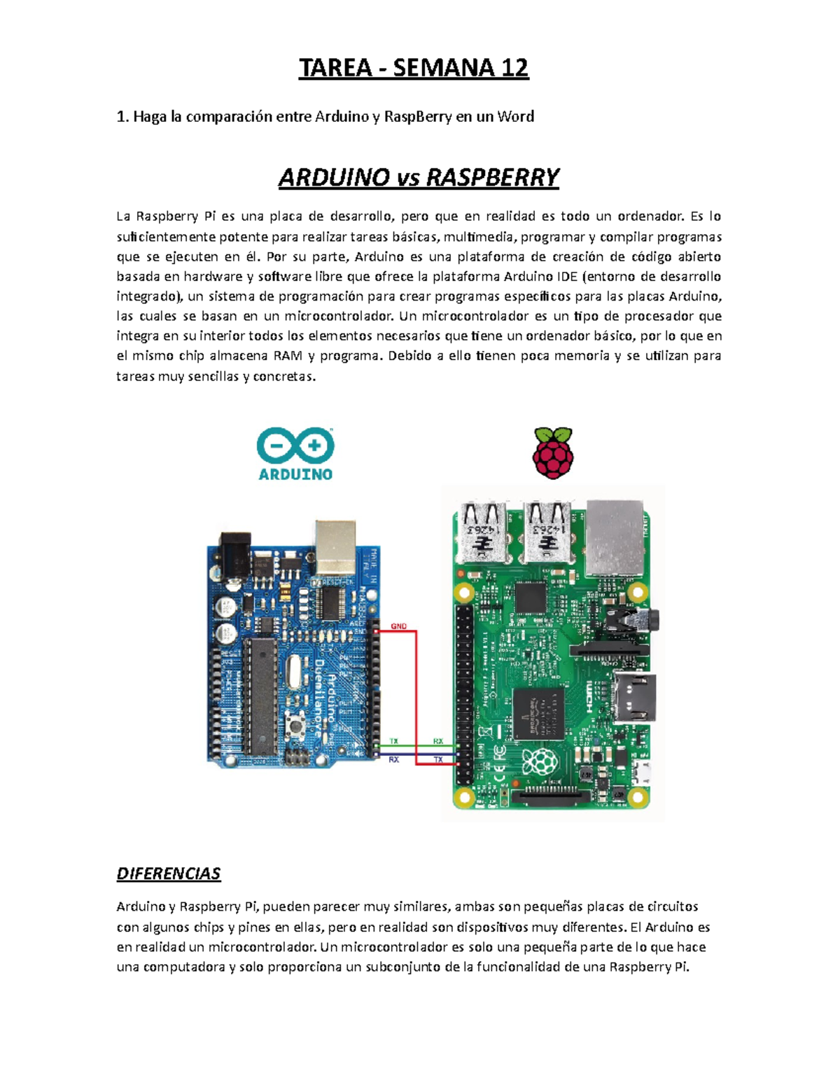 Tarea Semana 12 - ARDUINO vs RASPBERRY La Raspberry Pi es una placa de ...