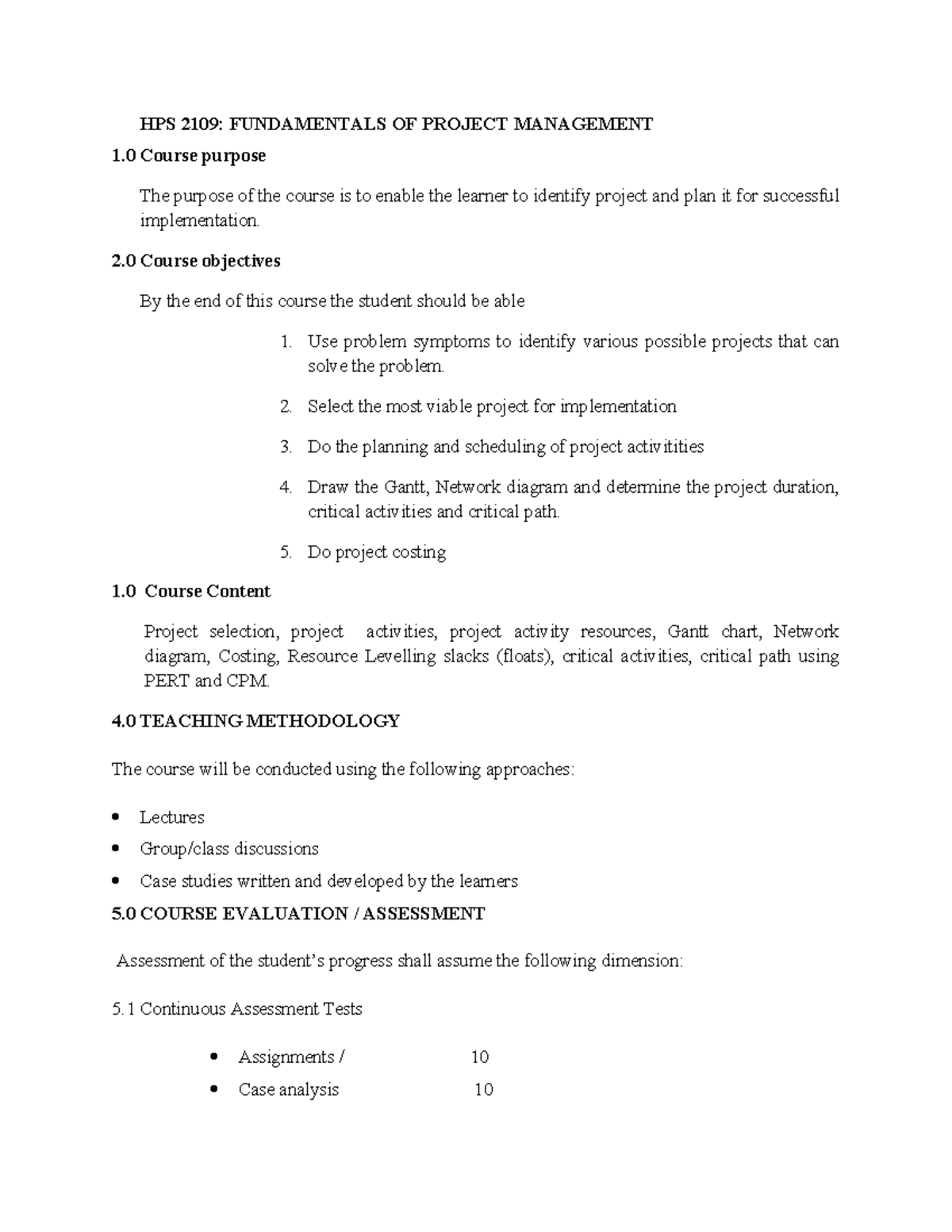 Fundamentals of project mgt Outlines - HPS 2109: FUNDAMENTALS OF ...