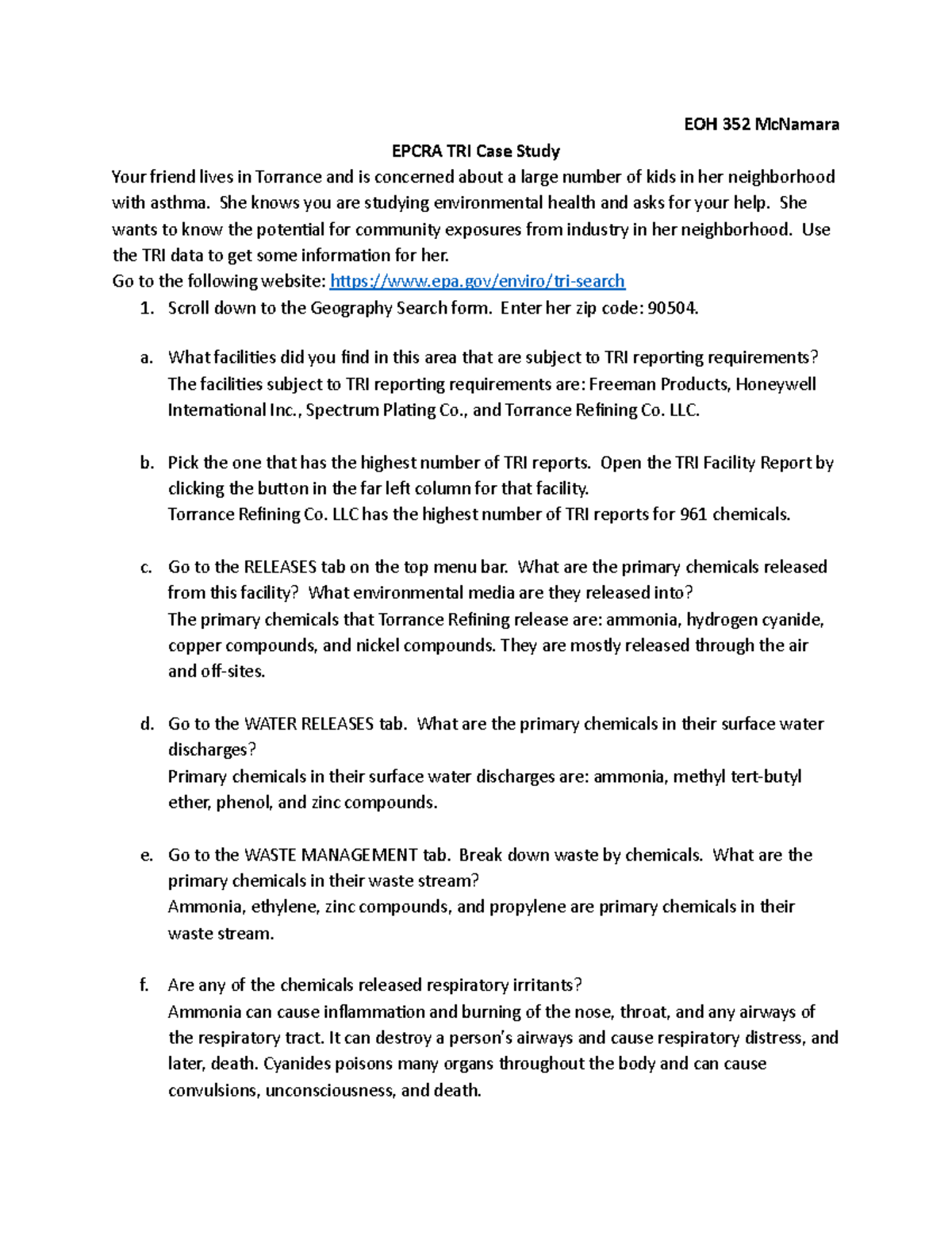 Epcra case study - Professor: Katherine McNamara Fall 2020 - EOH 352 ...