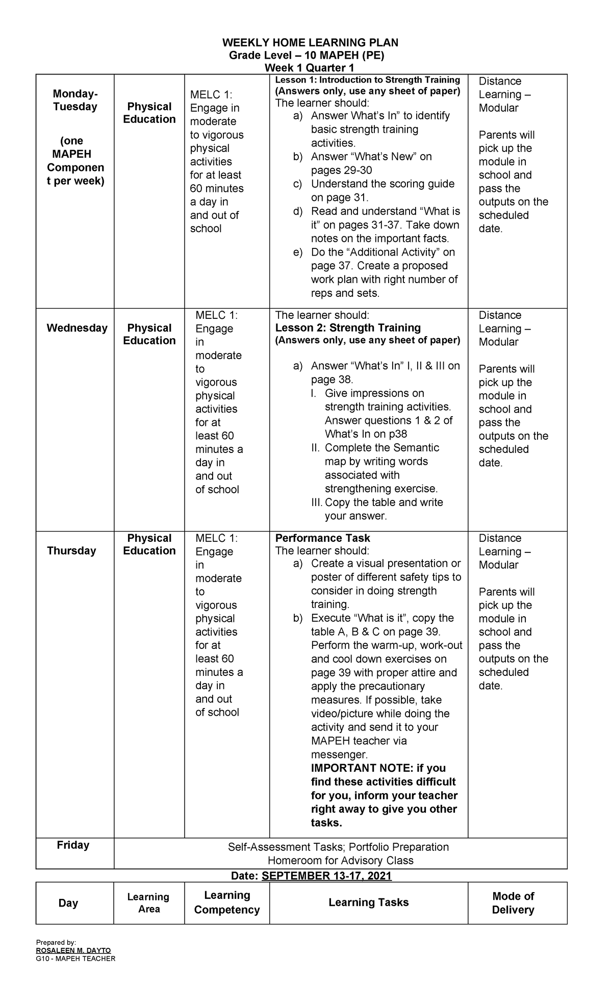 G10 Mapeh PE Week 1 QTR - WEEKLY HOME LEARNING PLAN Grade Level – 10 MAPEH (PE) Week 1 Quarter 1 ...