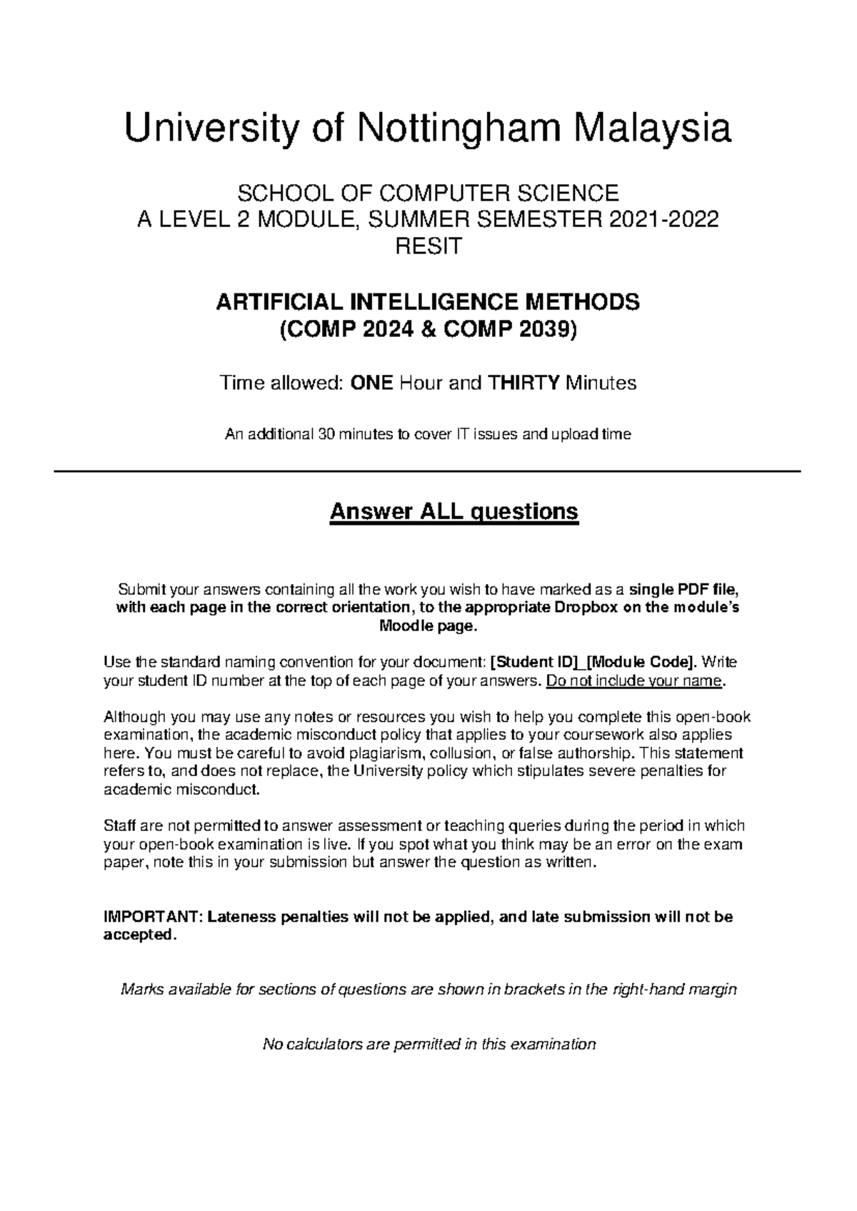 COMP2024 COMP2039-AIM-21-22 Resit Solutions - University of Nottingham ...