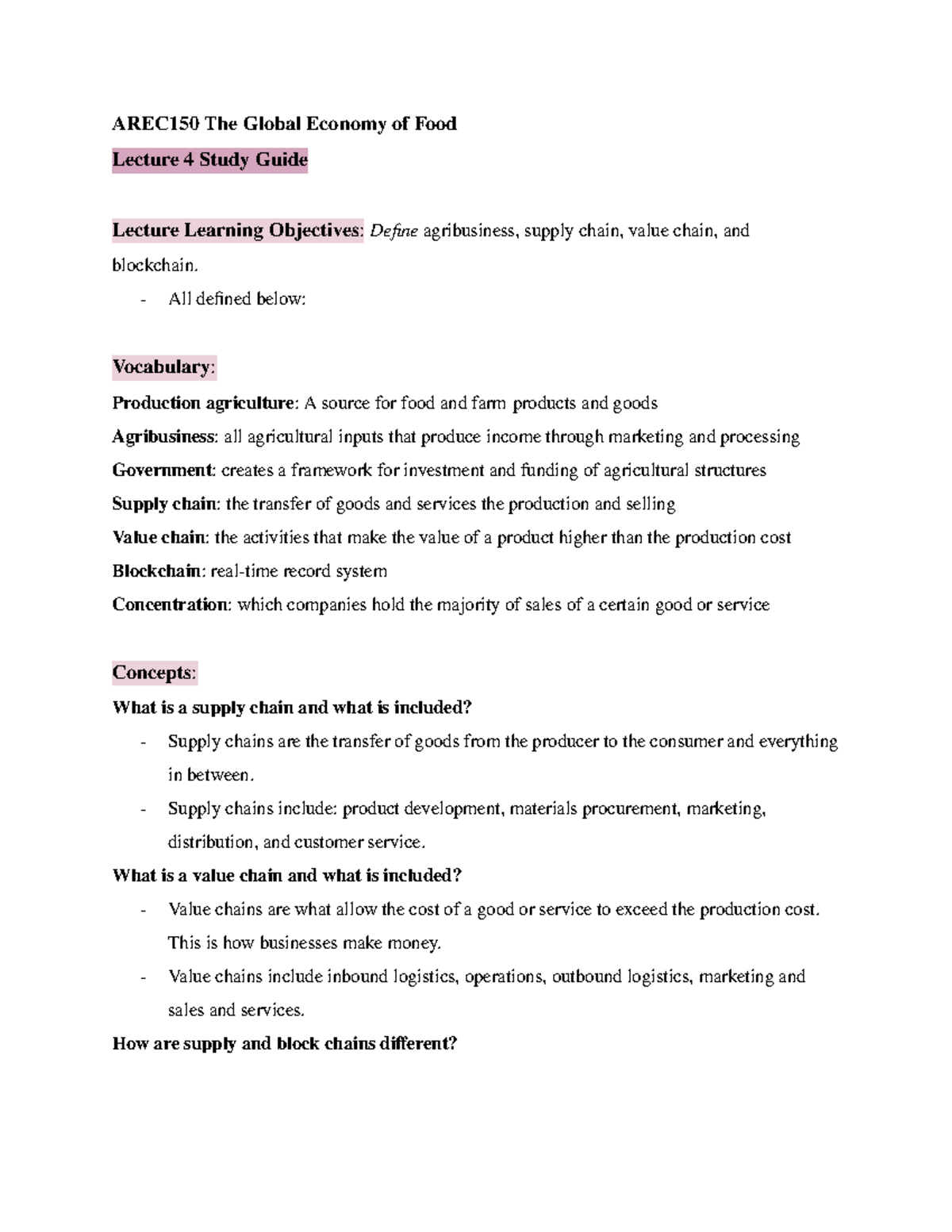 Module 2 Lecture 4 Study Guide - AREC150 The Global Economy of Food ...
