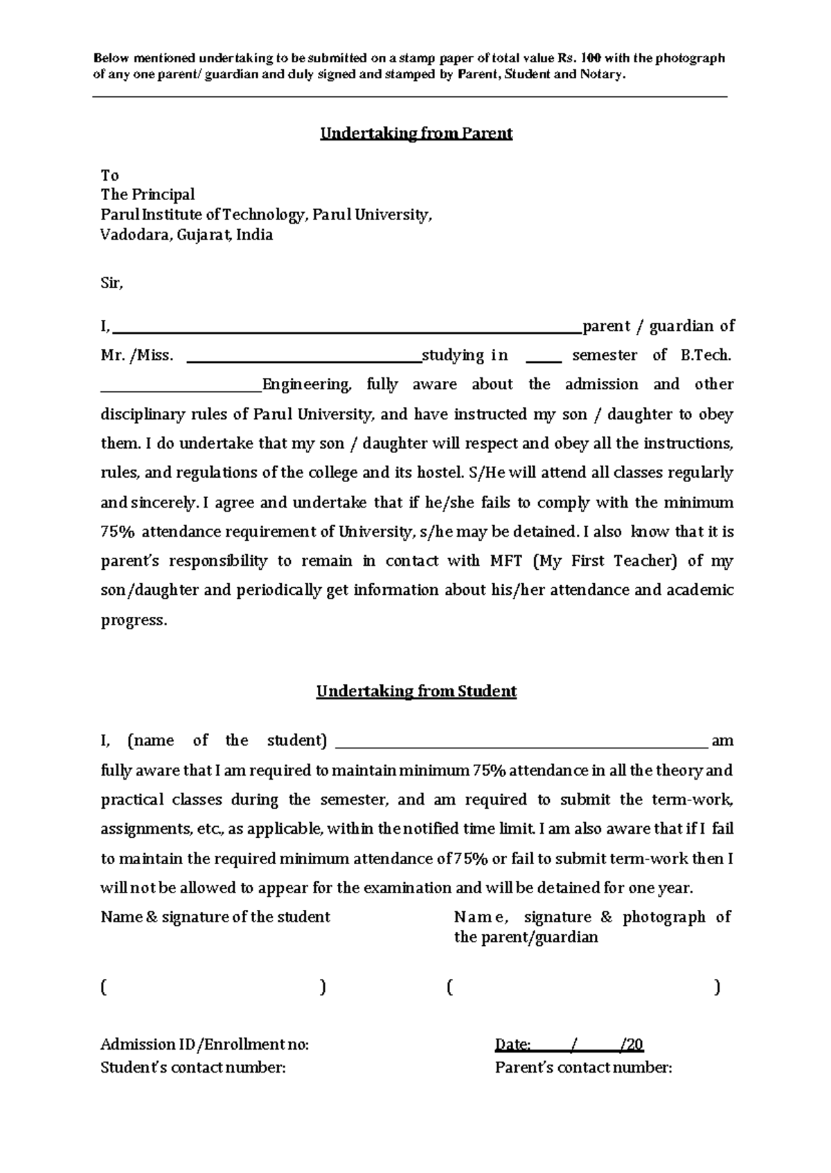 Undertaking - PIT - nothing - Below mentioned undertaking to be ...