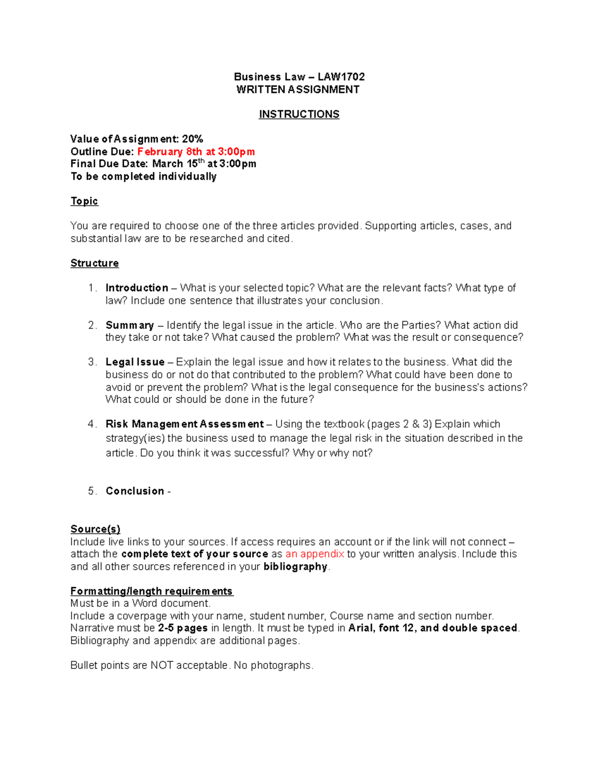 Business Law 1702 Written Assignment Instructions 310 - Business Law ...