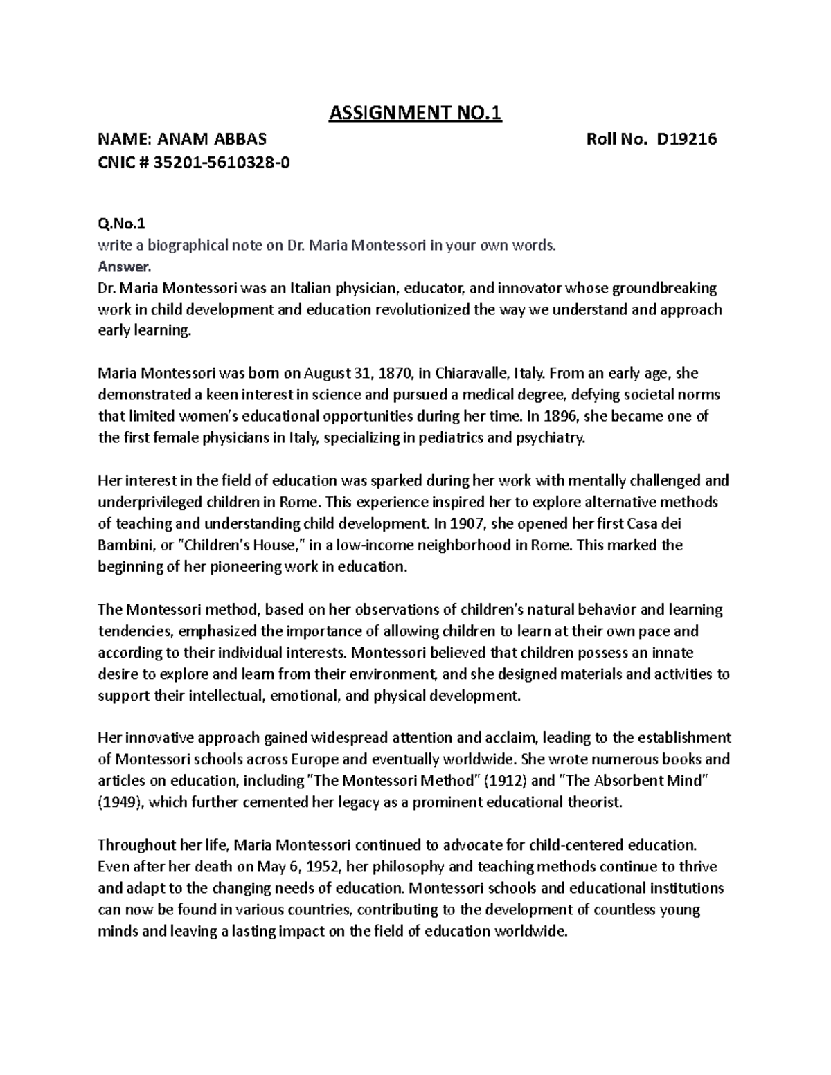 PMC Assignment - my own documents - ASSIGNMENT NO. NAME: ANAM ABBAS Roll No. D CNIC # 35201 ...