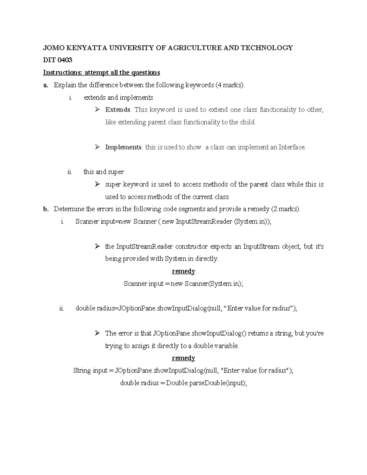 Assignemnt Java Programming Jomo Kenyatta University Of Agriculture And Technology Dit 0403