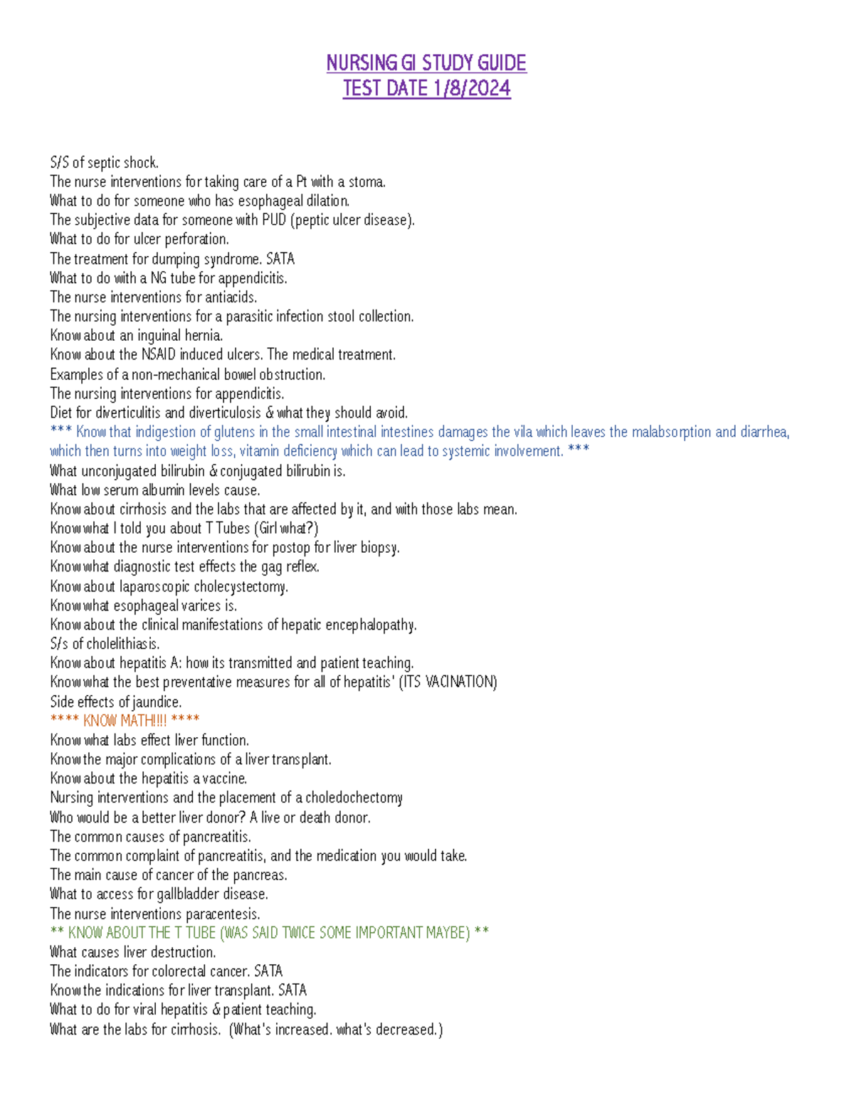 Nursing GL Study Guide - NURSING GI STUDY GUIDE TEST DATE 1/8/ S/S of ...