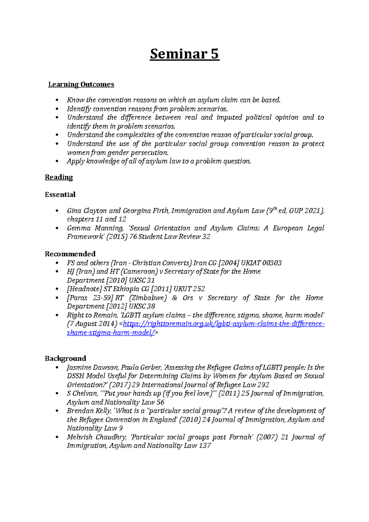 Seminar 5- Convention Reasons - Seminar 5 Learning Outcomes Know the ...