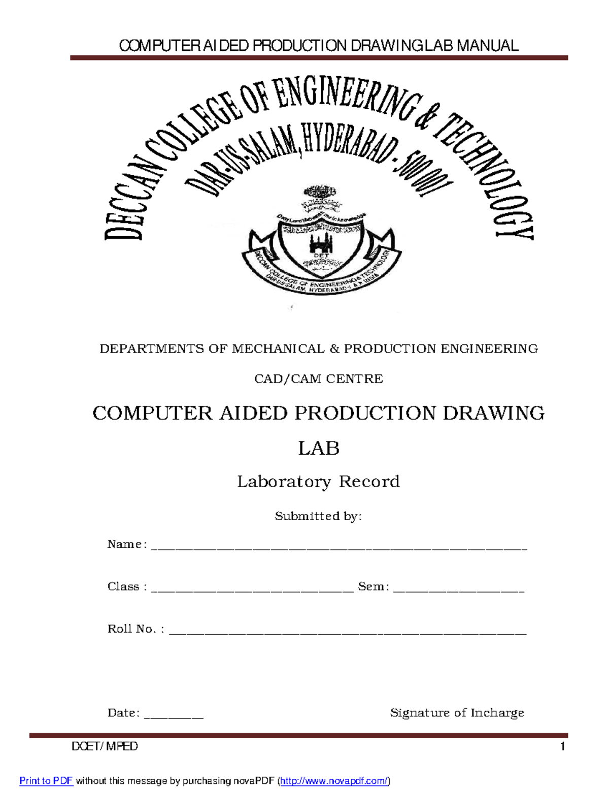 Computer Aided Production Drawing LAB MA - DCET/ MPED 1 DEPARTMENTS OF ...