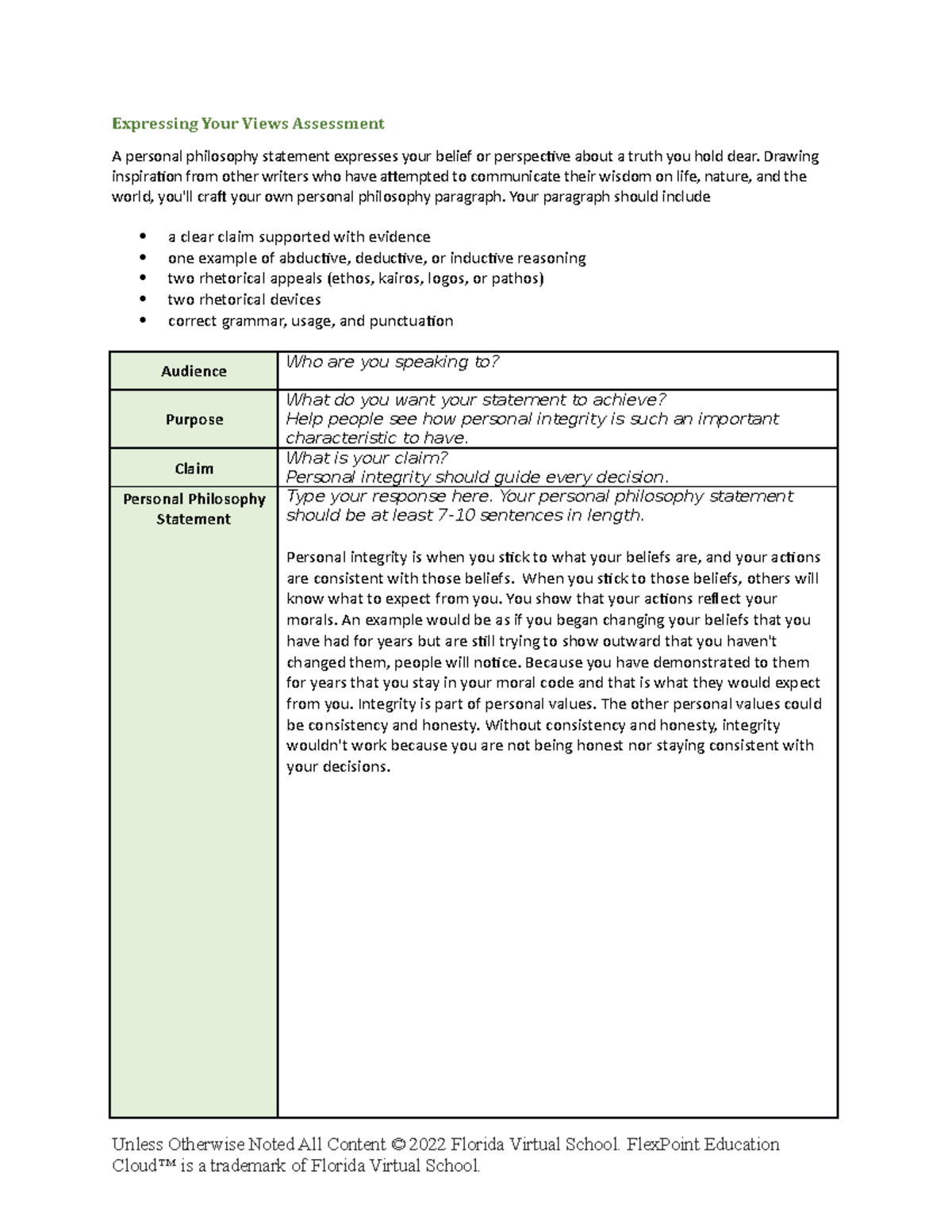 Expressing your views assess rubric - Expressing Your Views Assessment ...