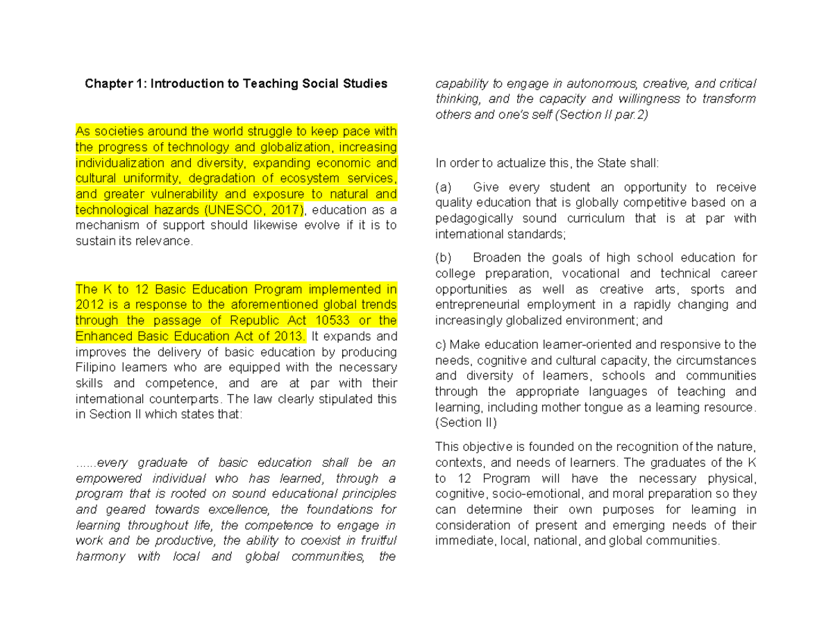 Sociology EXAM - Chapter 1: Introduction to Teaching Social Studies As ...