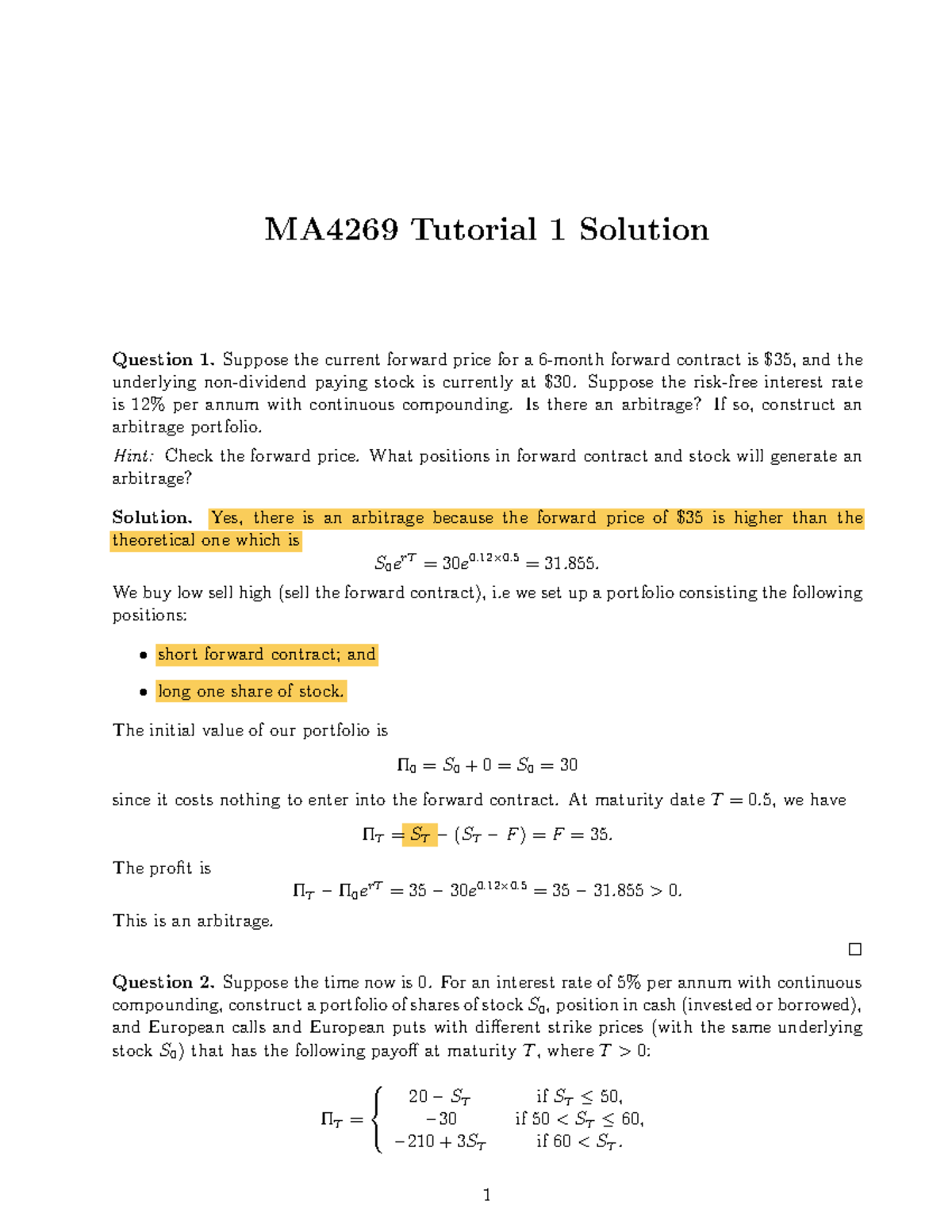 S1 2016 - MA4269 Tutorial 1 Solution Question 1. Suppose the current ...