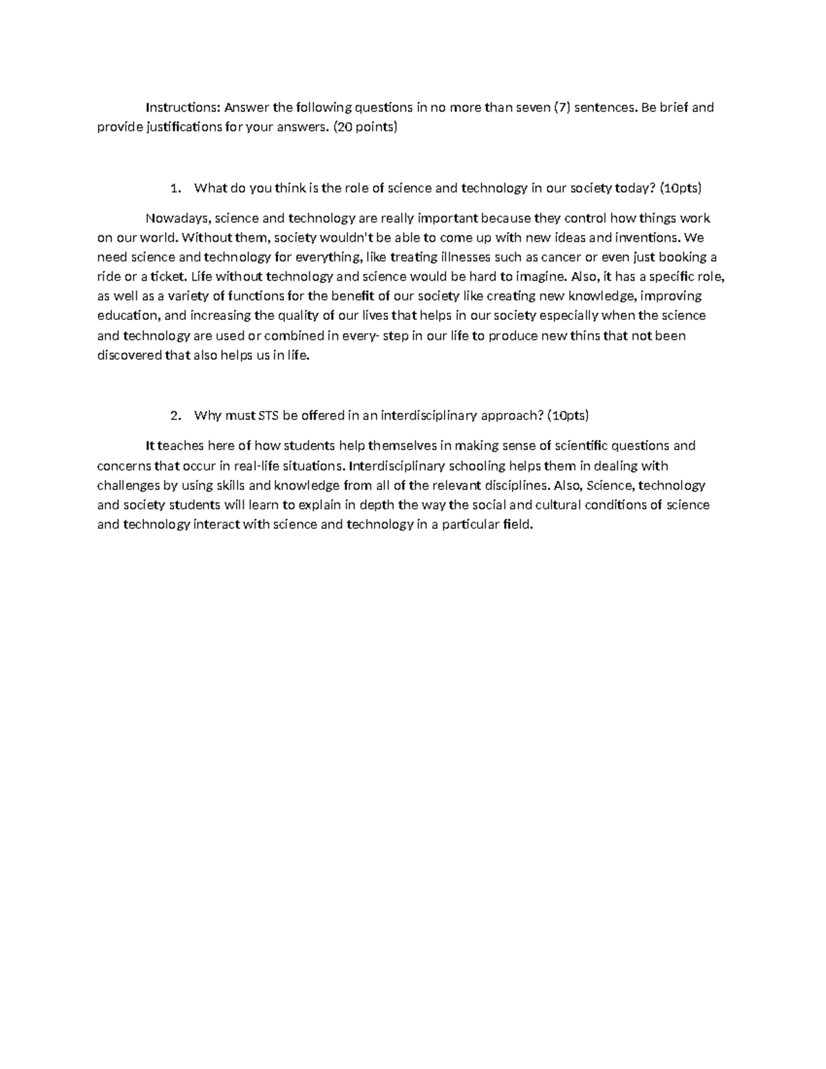 STS 01 ELMS Activity 3 - Instructions: Answer the following questions ...