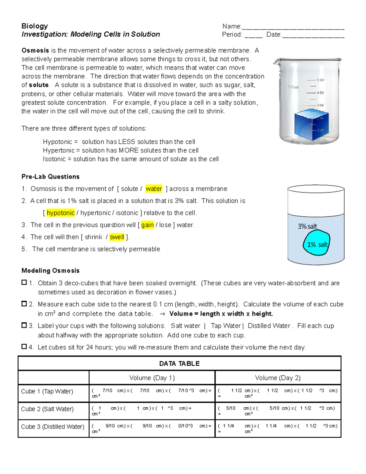 Biology Investigation: Modeling Cells in Solution - Studocu